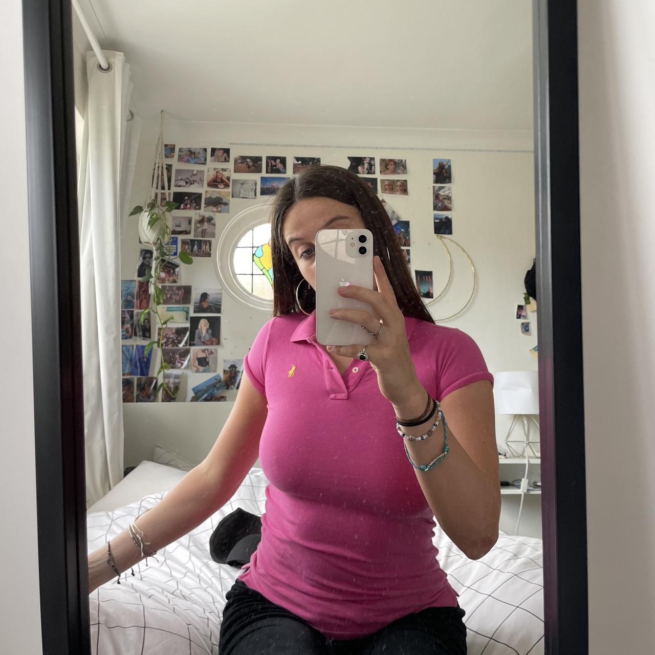 pink ralph lauren polo/baby tee can be cropped, pain... | Depop