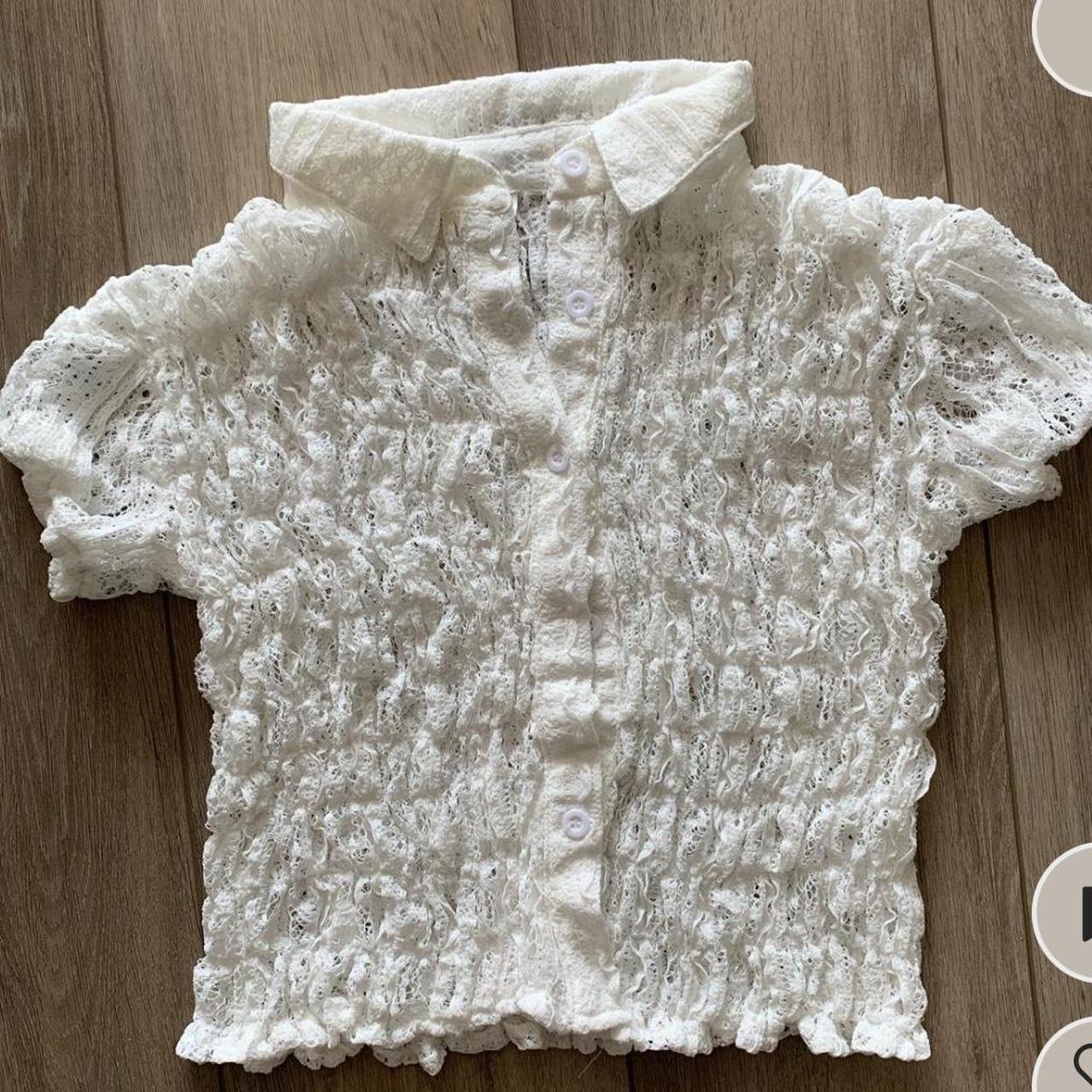 white lace scrunch button up top. Tagged size small... - Depop