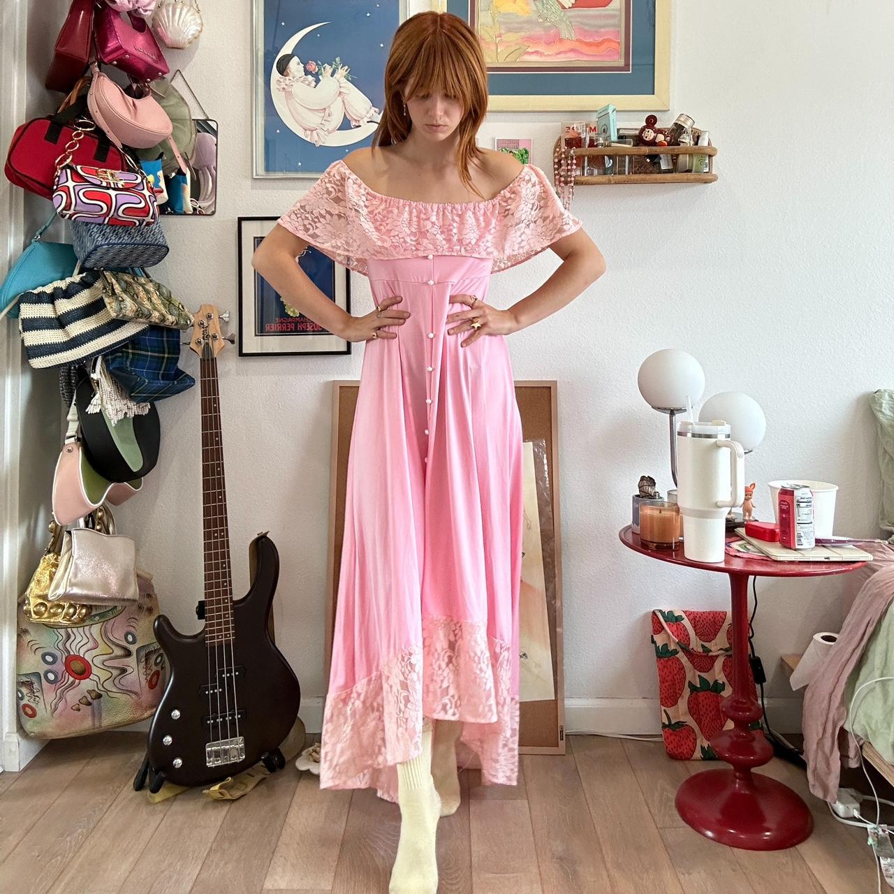 Pink vintage off the shoulder moomoo slip Super cute... - Depop