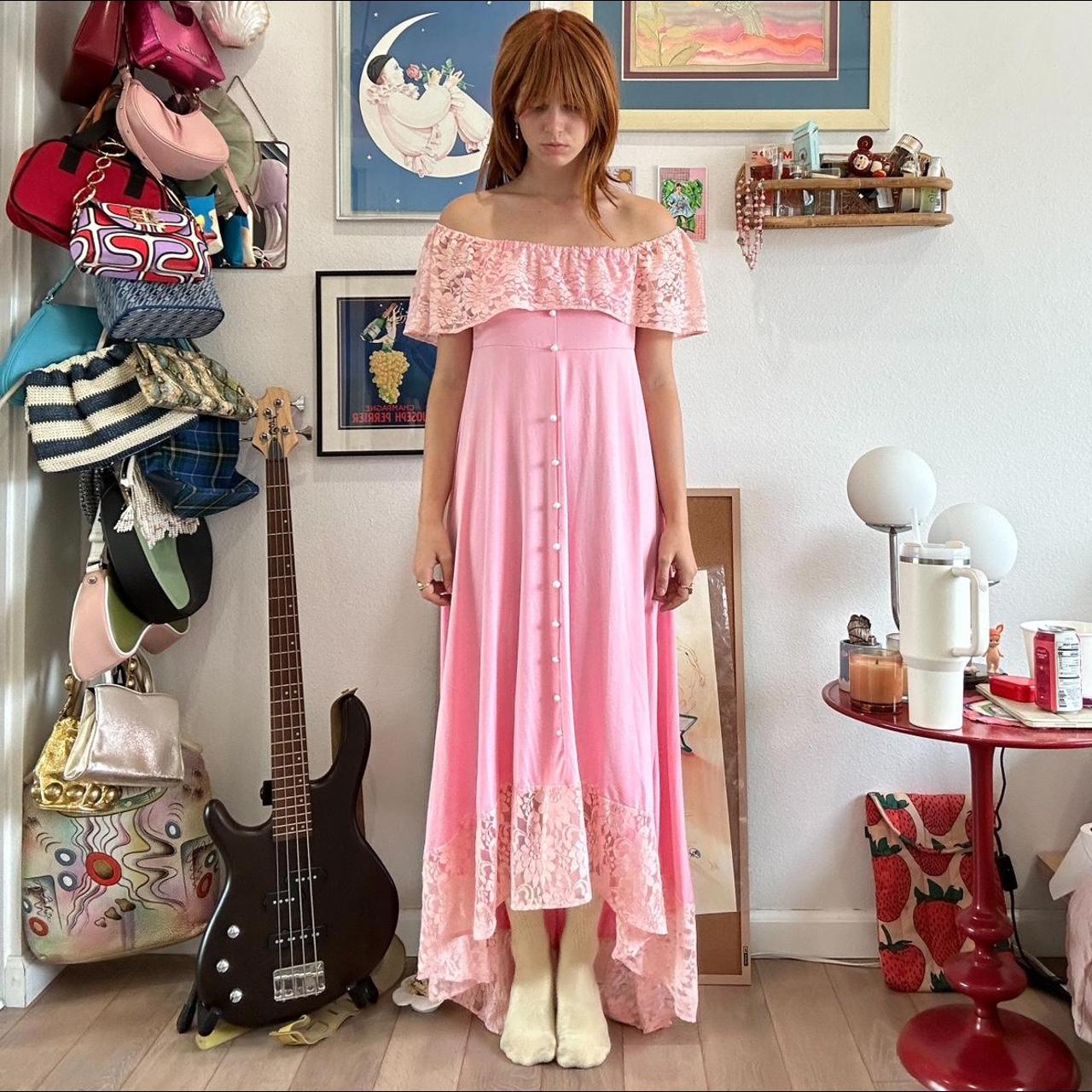 Pink vintage off the shoulder moomoo slip Super cute... - Depop