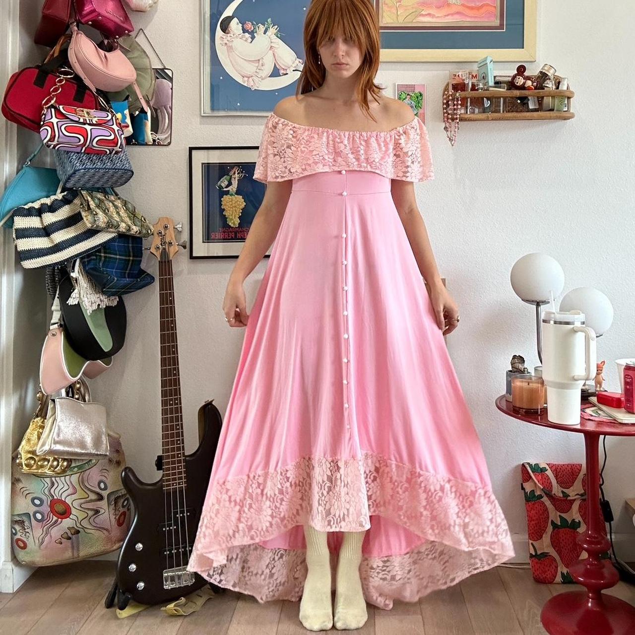 Pink vintage off the shoulder moomoo slip Super cute... - Depop