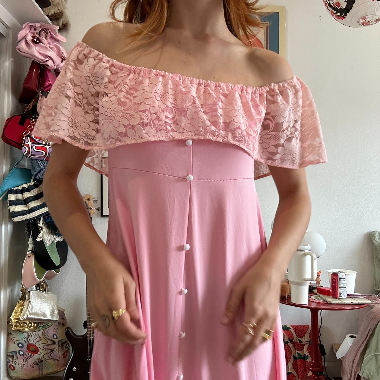 Pink vintage off the shoulder moomoo slip Super cute... - Depop