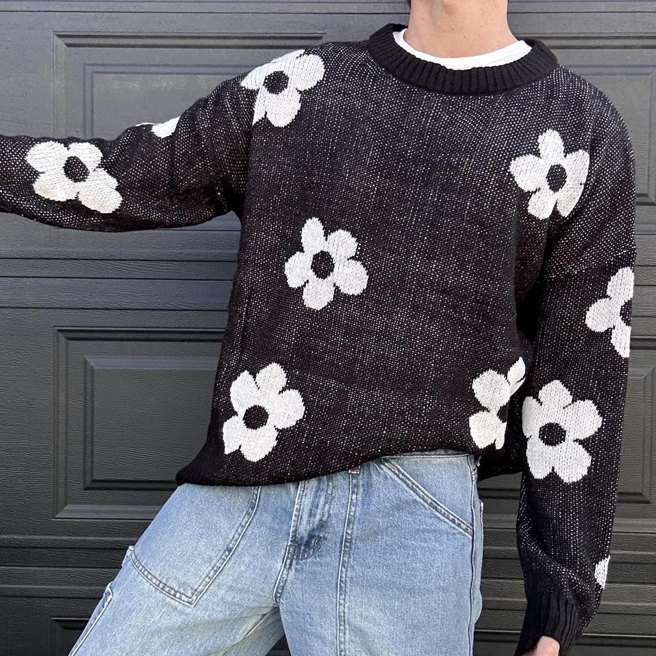 Black and white flower sweater Loose proportions,... - Depop