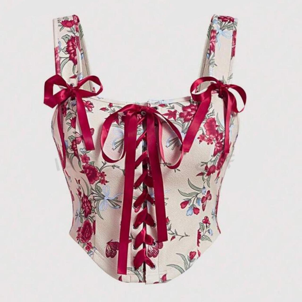 Red and cream colored butterfly floral print corset... - Depop