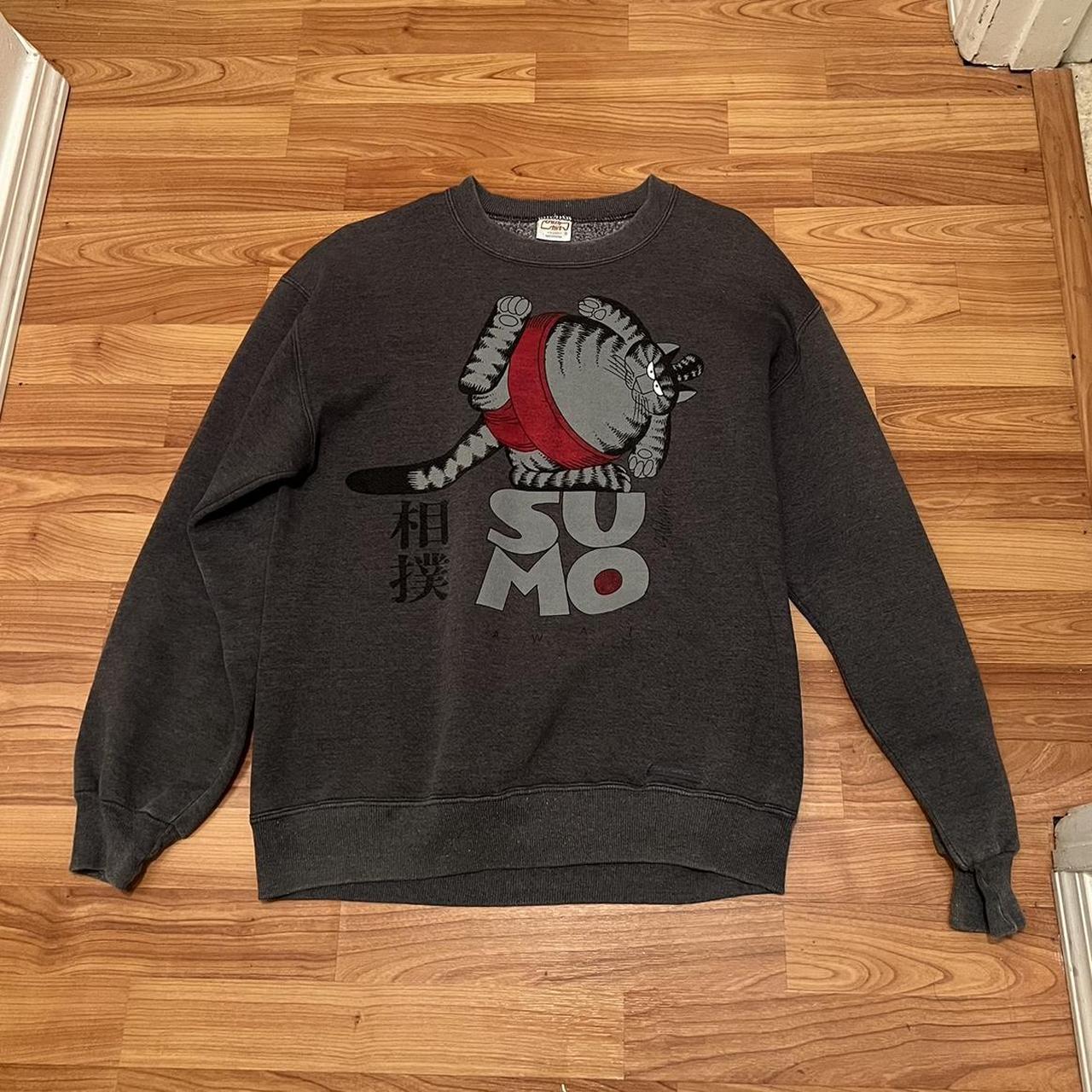 super cute vintage sumo cat sweater look at the back... - Depop