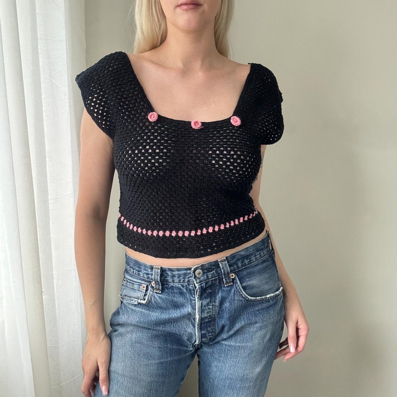 Vintage Crochet Hand Stitched `Wide Square Neck... - Depop