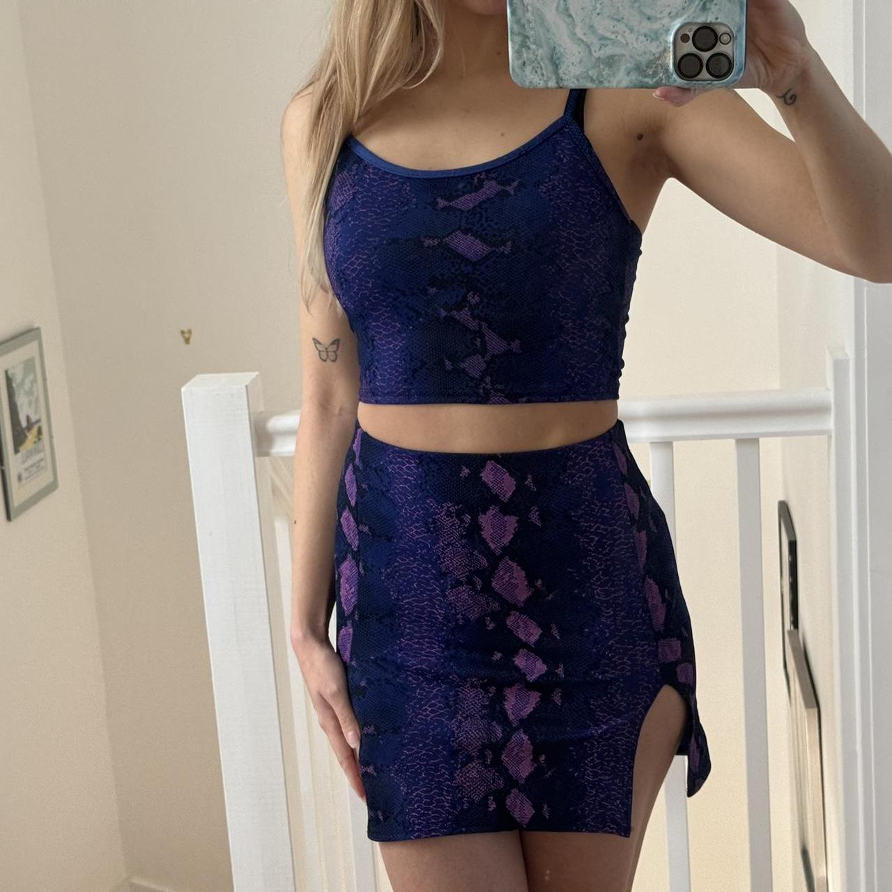 Navy and purple two-piece snake print co ord set... | Depop