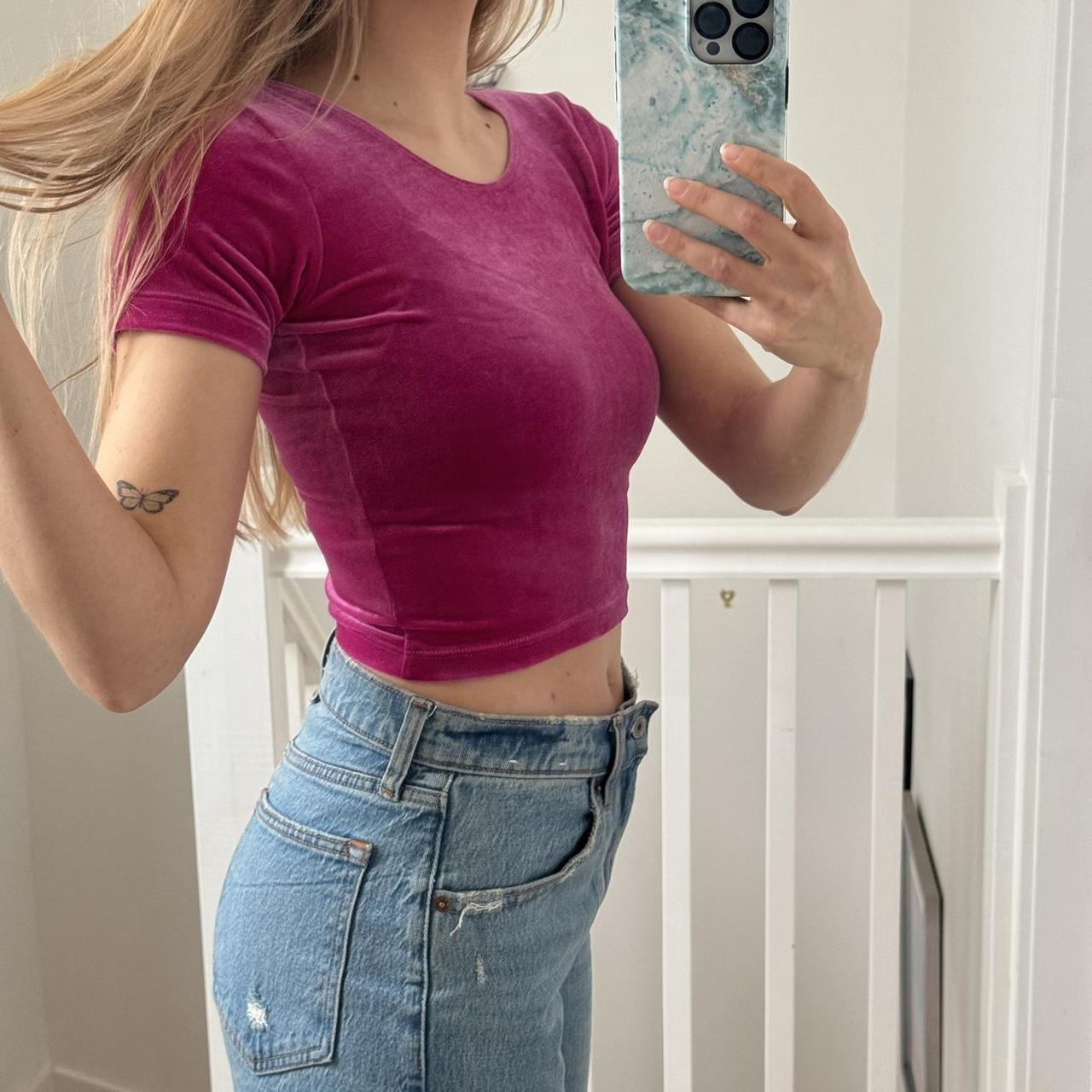 Pink velvet cropped top American Apparel Size... | Depop
