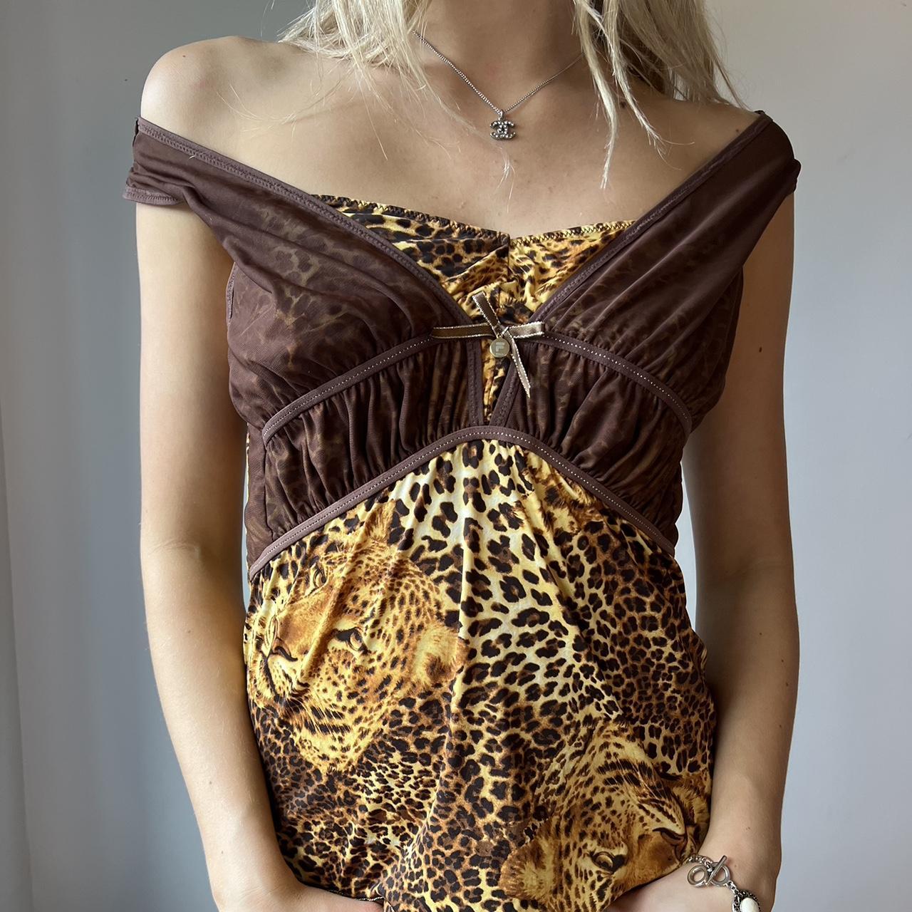 y2k leopard and tiger print slinky brown mesh cami... - Depop