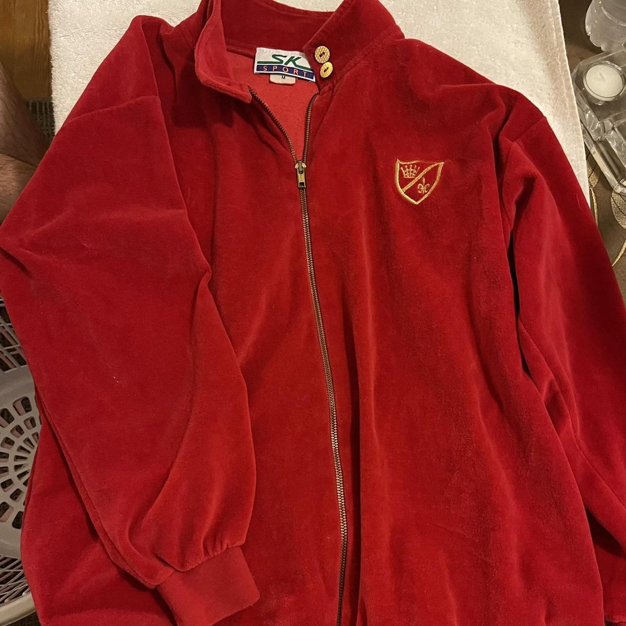 SK sport red velvet zip up jacket perfect condition... - Depop