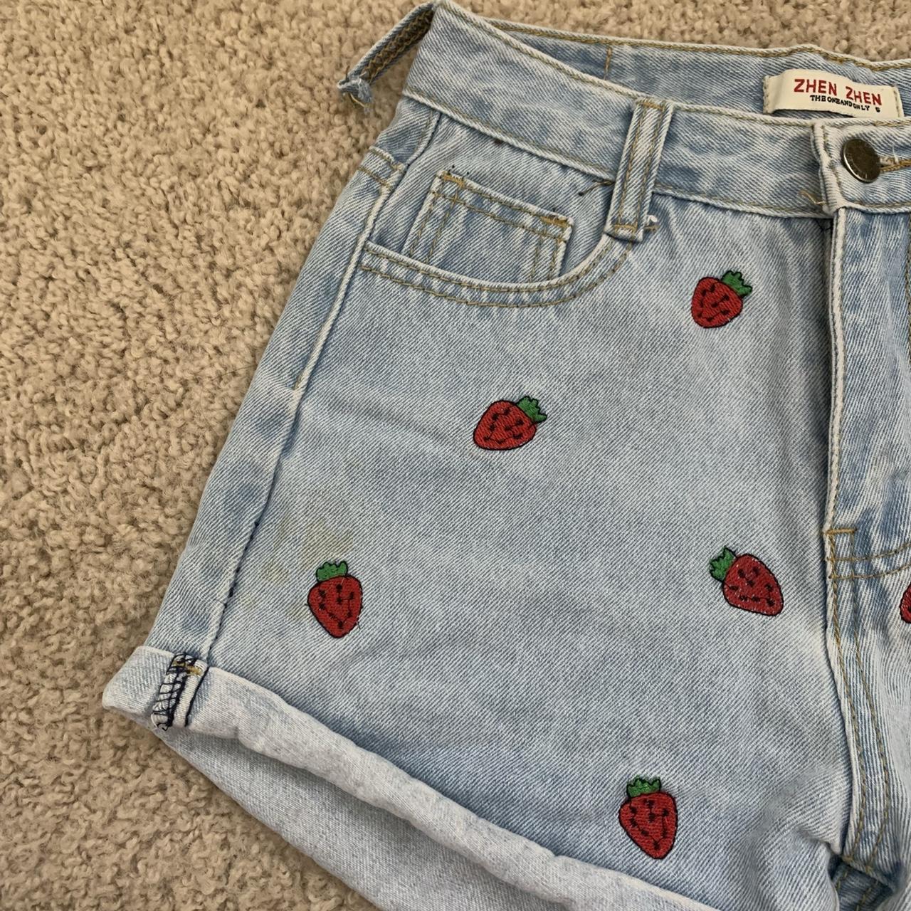Adorable strawberry high waisted denim shorts!!!... - Depop