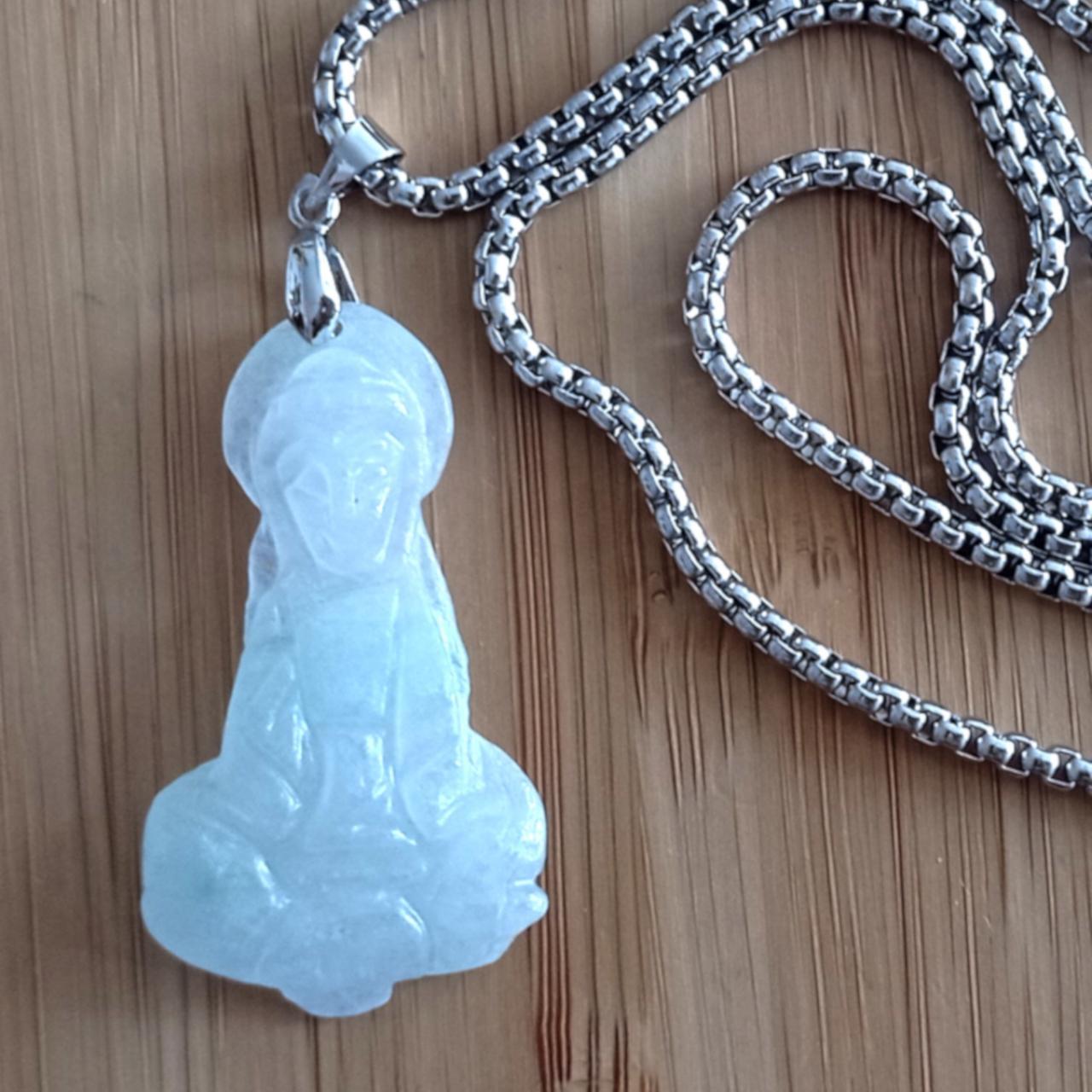 Punk Jade Guanyin Buddha Engraved Silver Necklace... - Depop