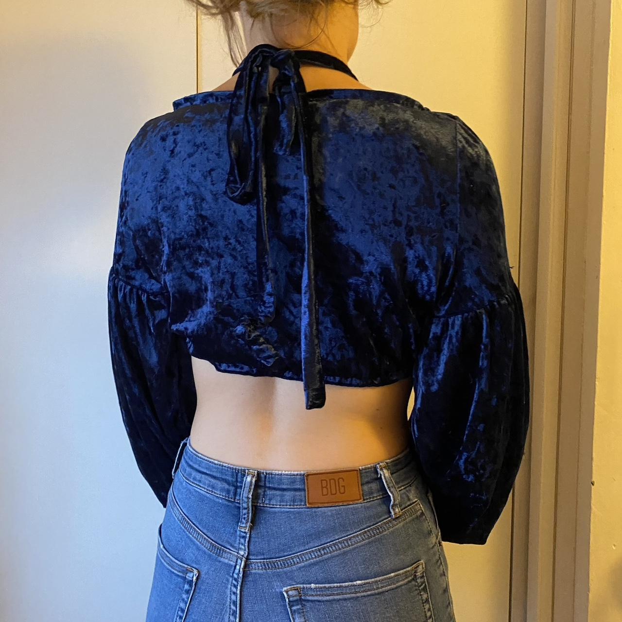 Boho gypsy crop top in blue crushed velvet. Balloon... - Depop