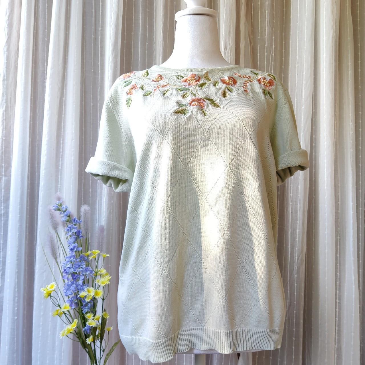 ₊⊹Light green knit blouse with pink/peach + green... - Depop