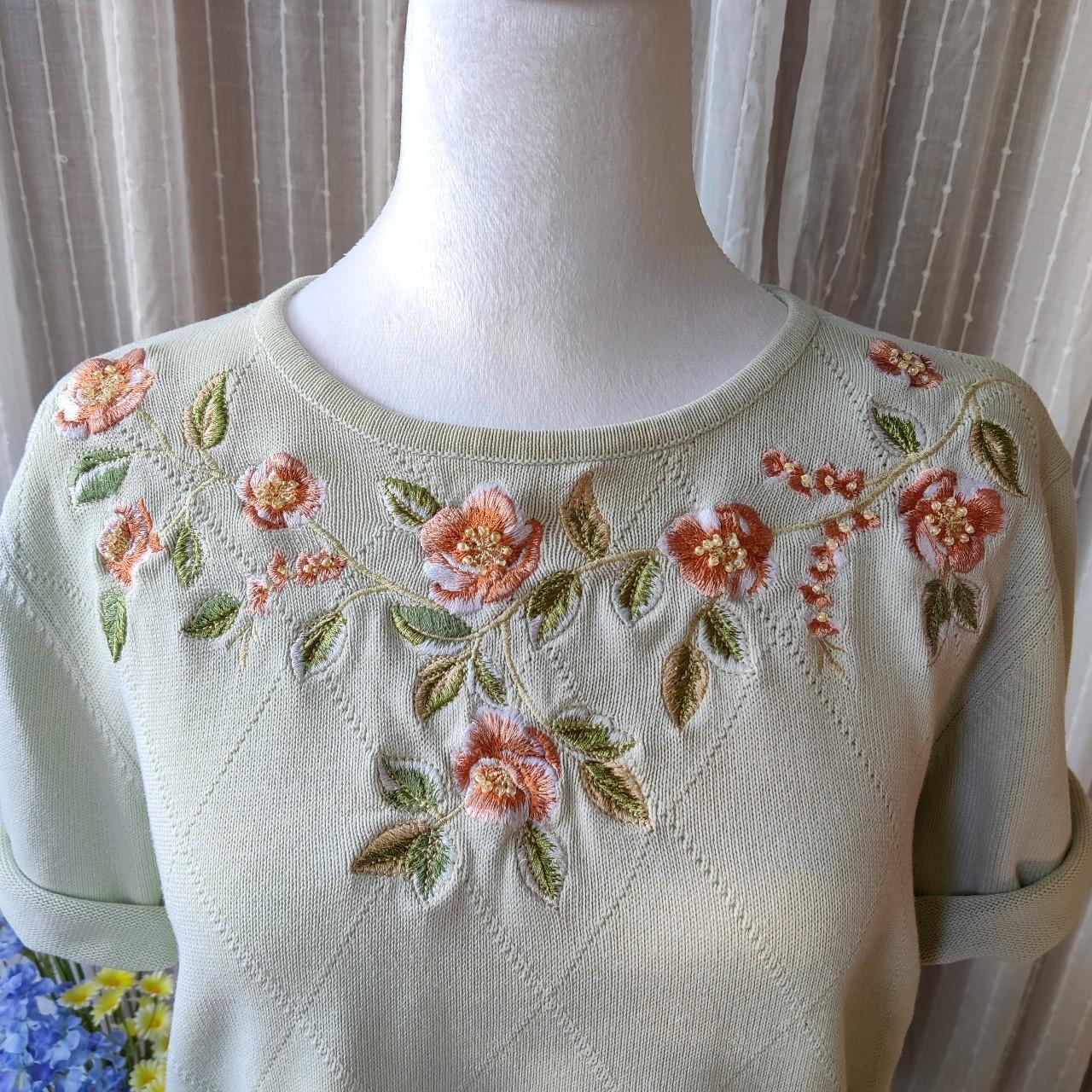 ₊⊹Light green knit blouse with pink/peach + green... - Depop