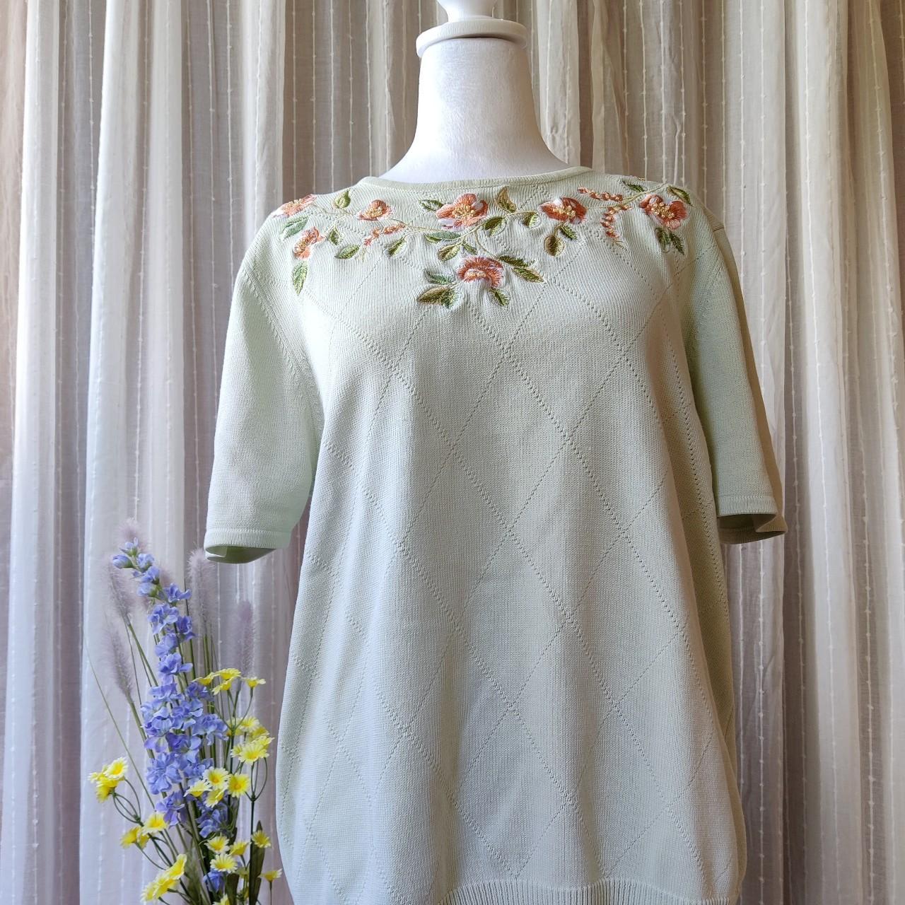 ₊⊹Light green knit blouse with pink/peach + green... - Depop