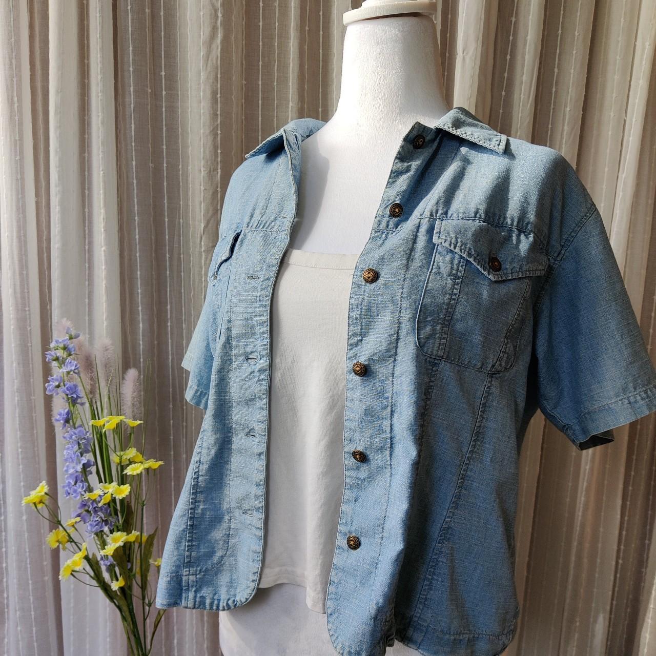 ₊⊹Light blue denim button up collared blouse with... - Depop