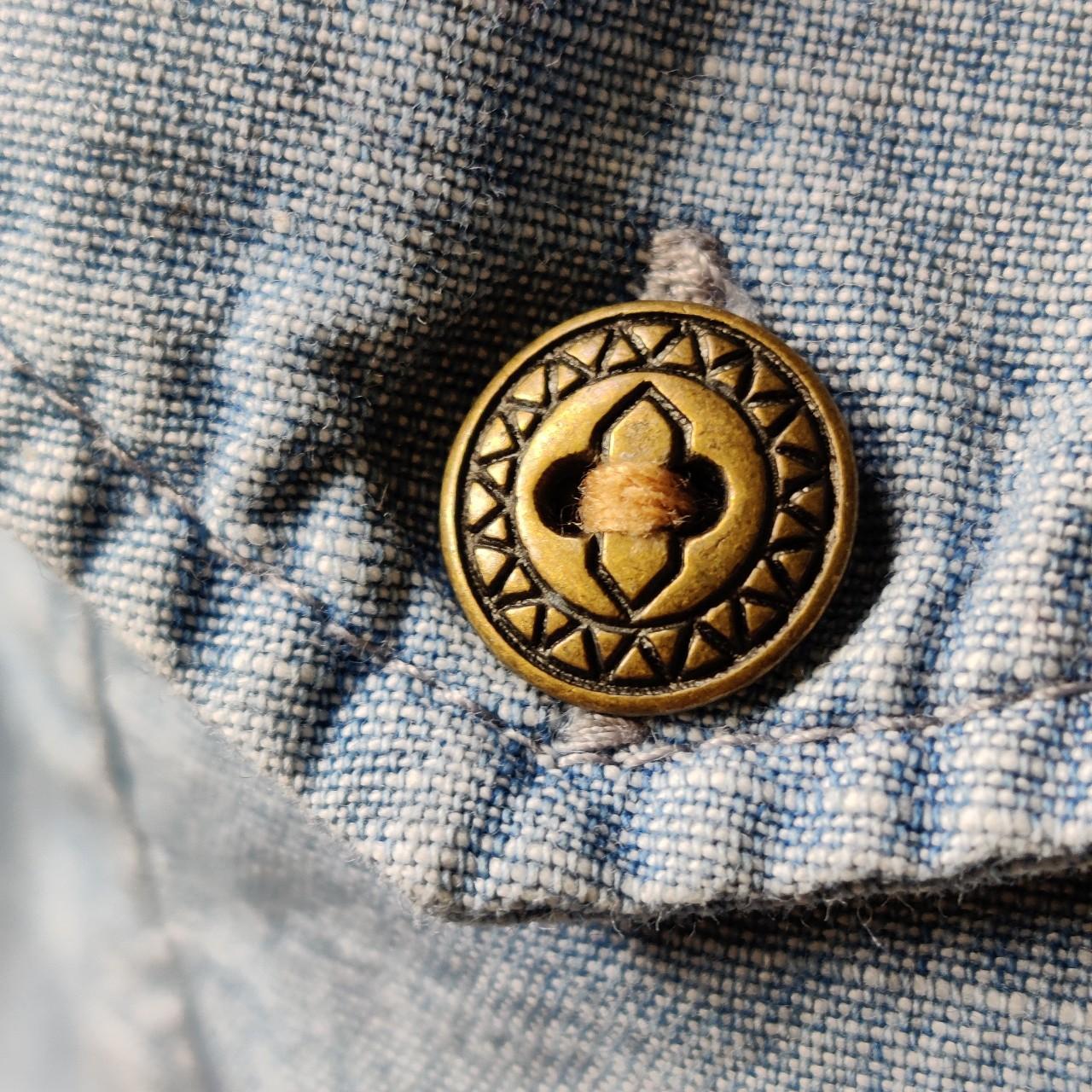 ₊⊹Light blue denim button up collared blouse with... - Depop