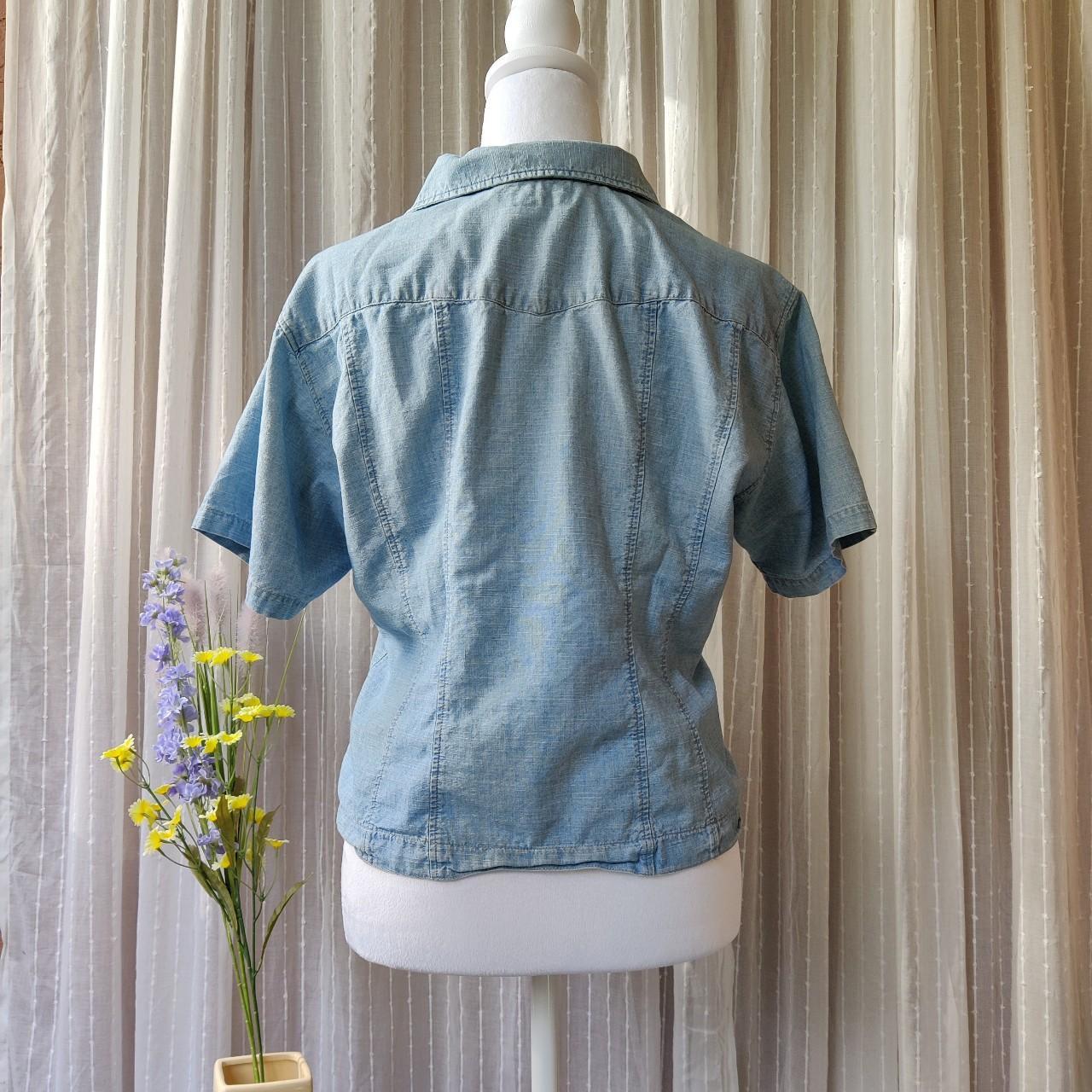 ₊⊹Light blue denim button up collared blouse with... - Depop