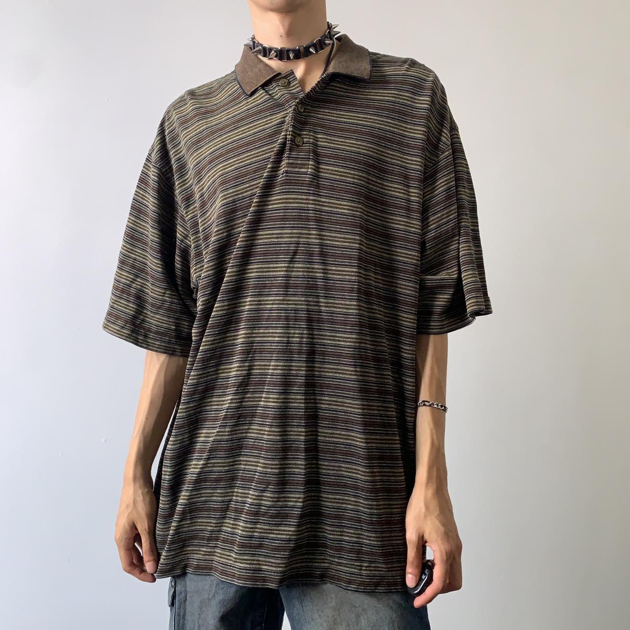 vintage striped polo earth tone striped... - Depop