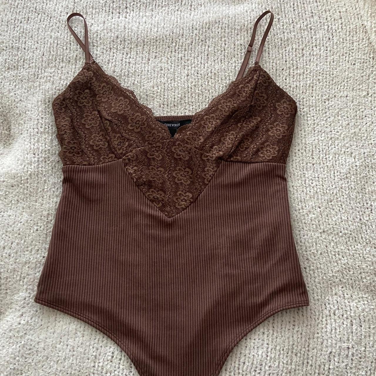 brown lace bodysuit from forever 21 brand new never... - Depop