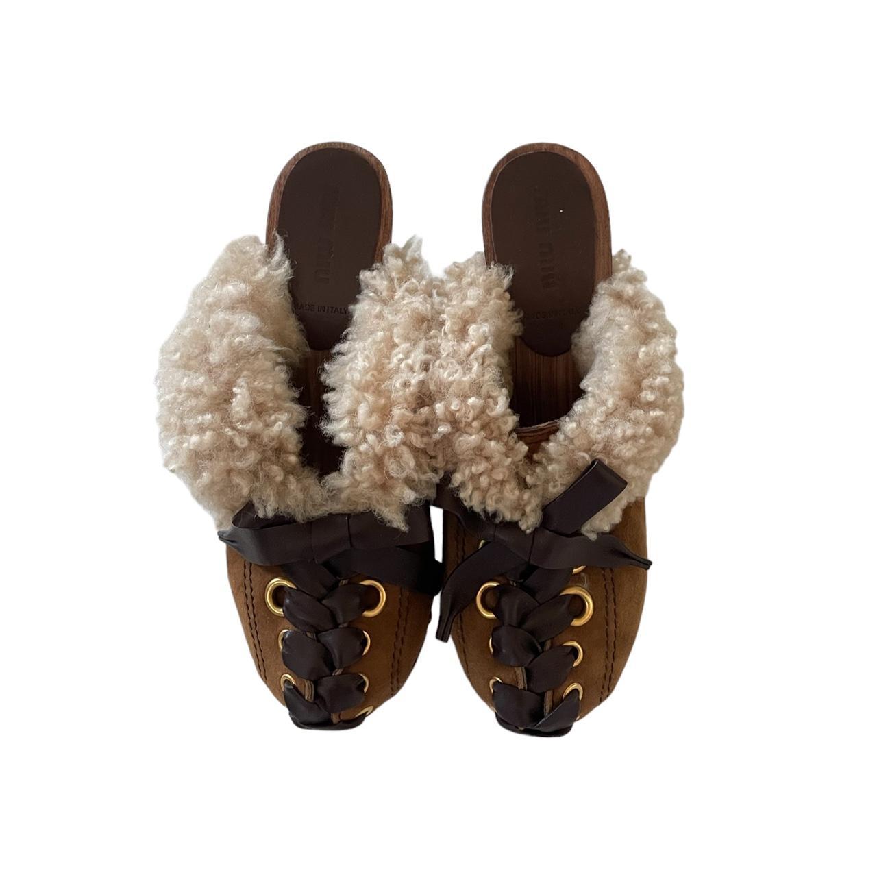 vintage miu miu fuzzy lace up clogs size: 5 - Depop
