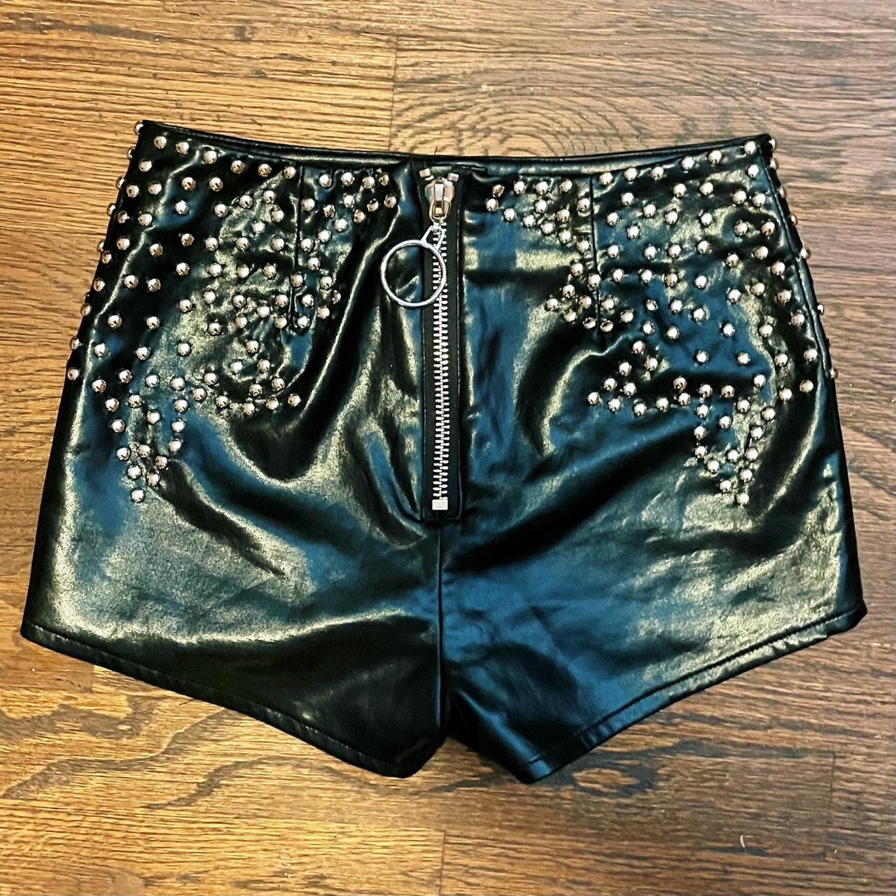Club Exx black faux leather studded Hot Shorts Brand... - Depop