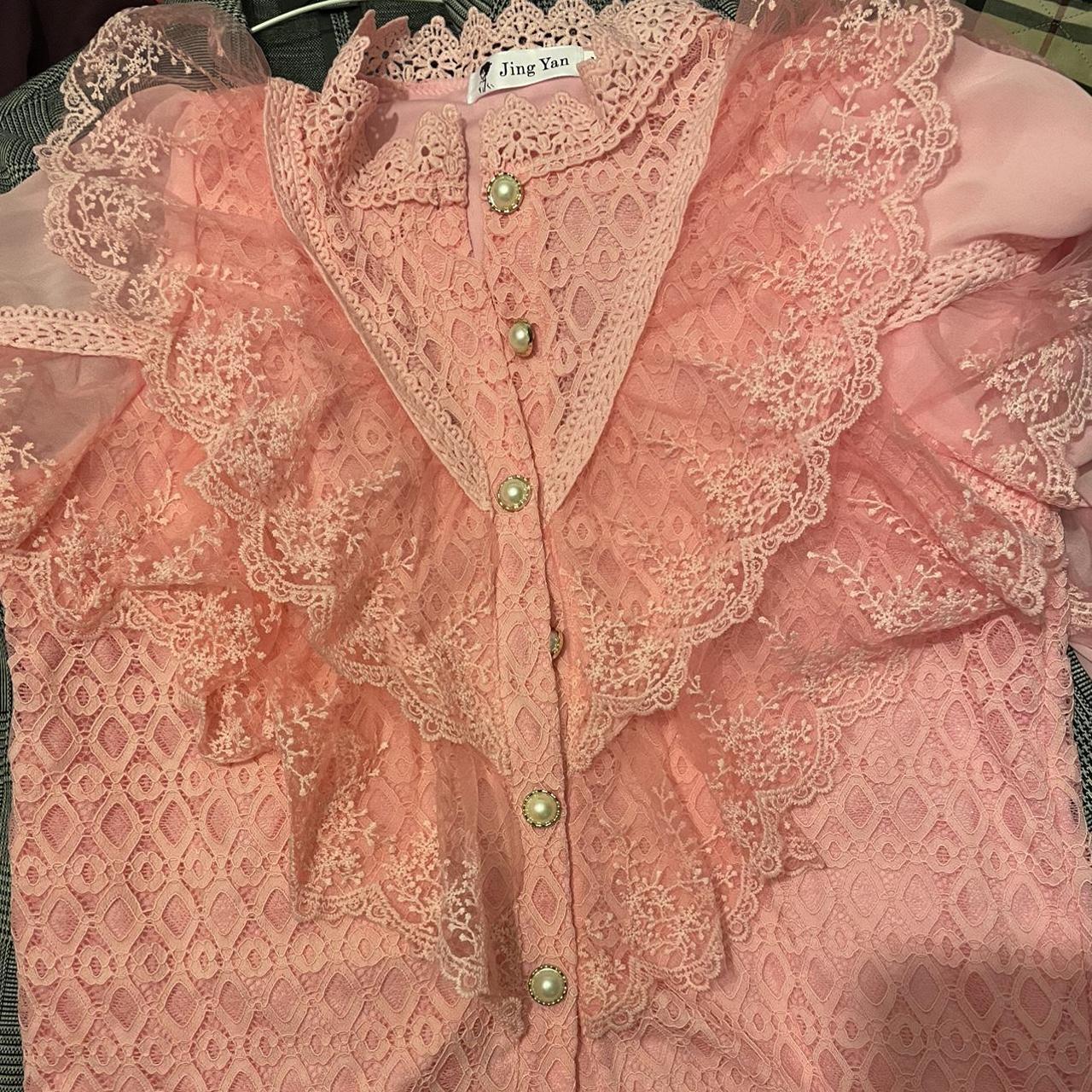 Pink lace ruffles frilly blouse with beautiful Pearl... - Depop
