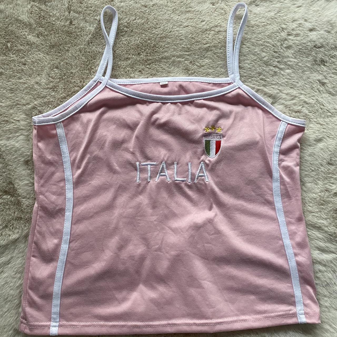 Pink and white Italy crop top - kids sizing but fits... - Depop
