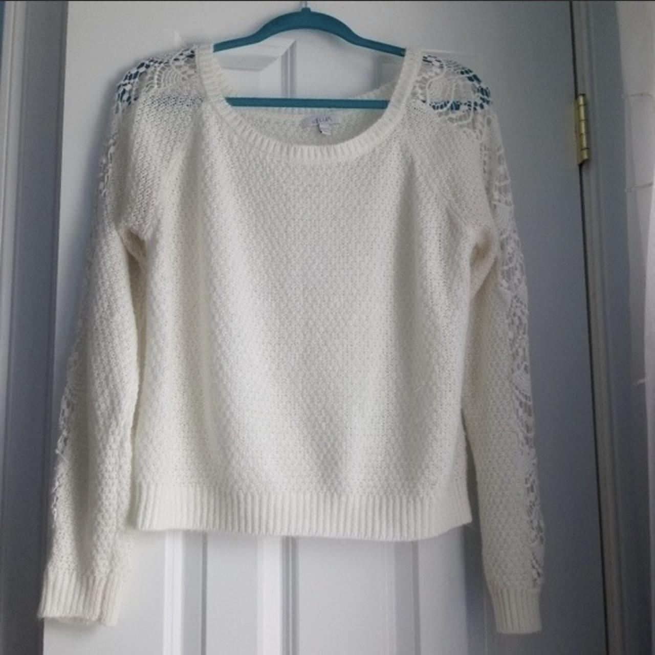 White knit sweater with lace detailing on the... - Depop