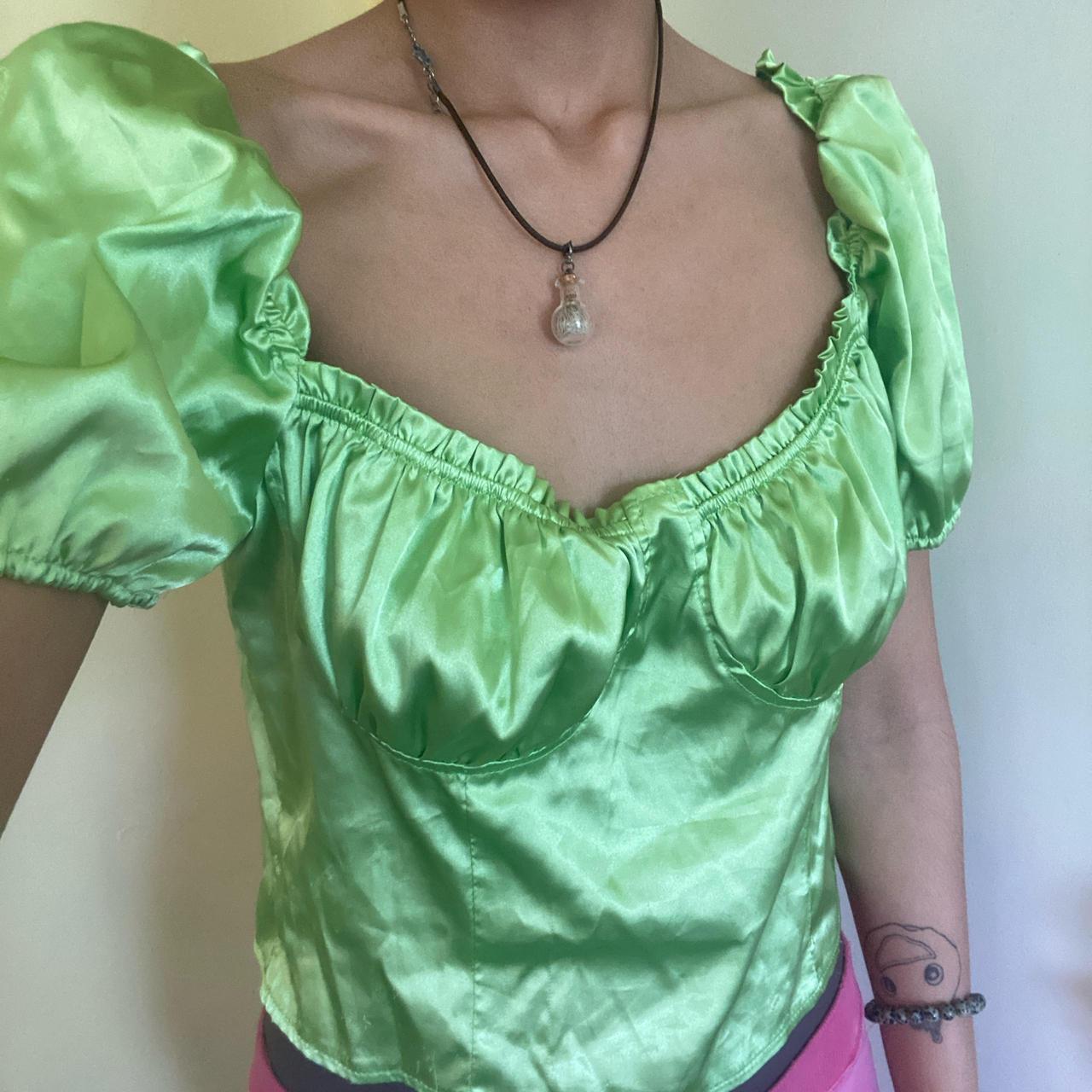 Cute green satin / fluorescent crop top. Features... - Depop