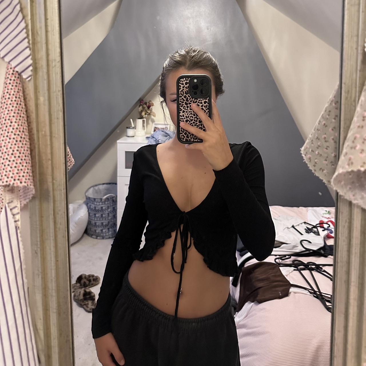 Black long sleeve crop top with tie detail Shein XS... - Depop