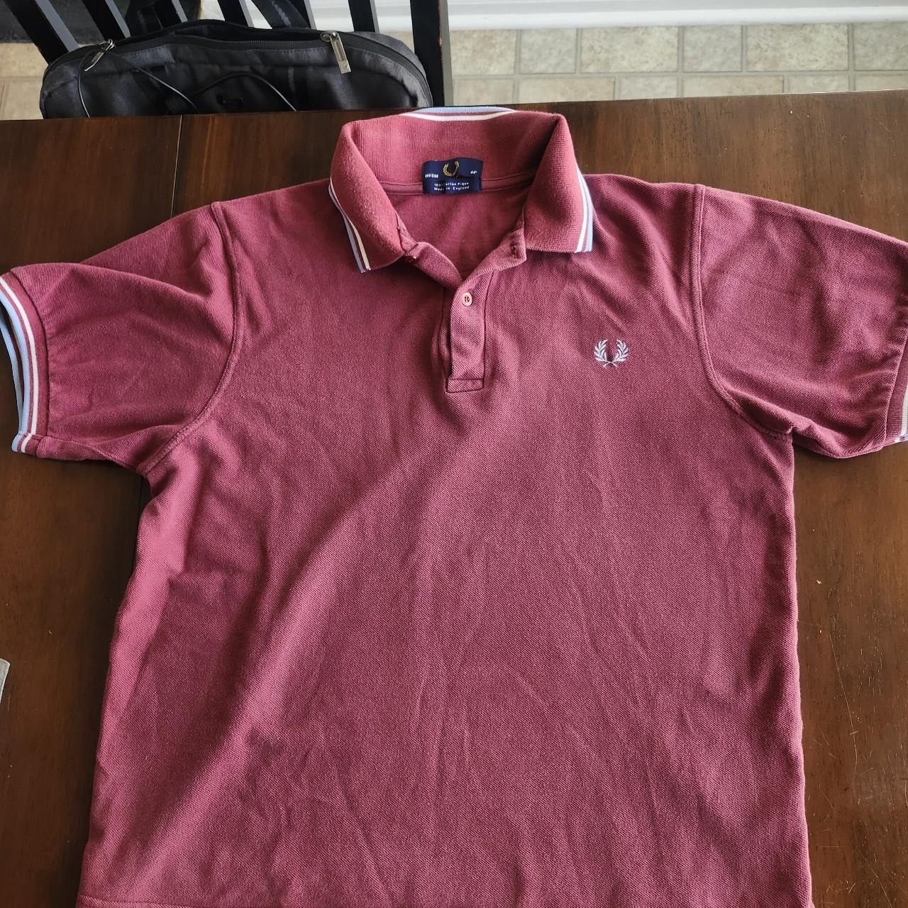 Fred Perry maroon polo with white and light blue... - Depop