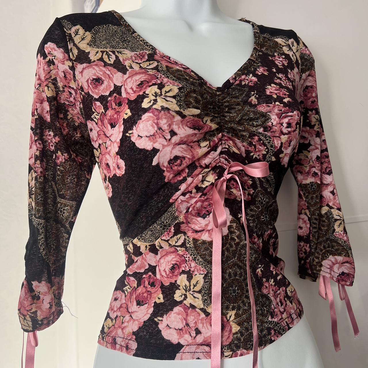 Beautiful Vintage Pink Ruffled Ribbon Rose Blouse... - Depop