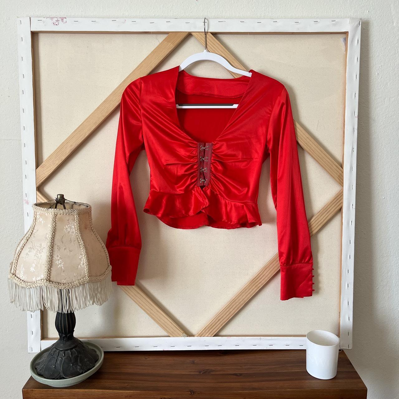 Cropped red blouse with corset style hook closures... - Depop