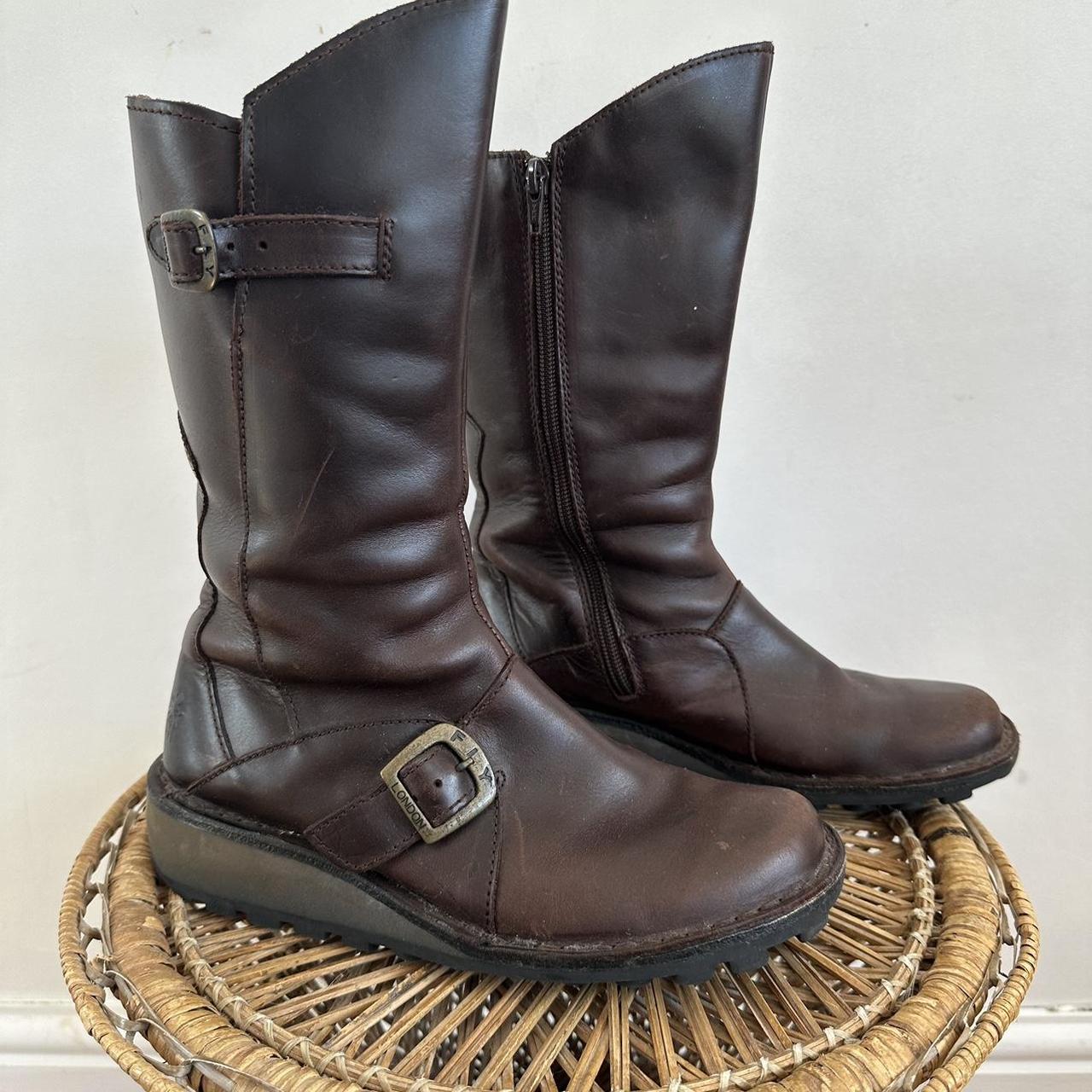 vintage 90s y2k fly london brown leather biker boots... - Depop