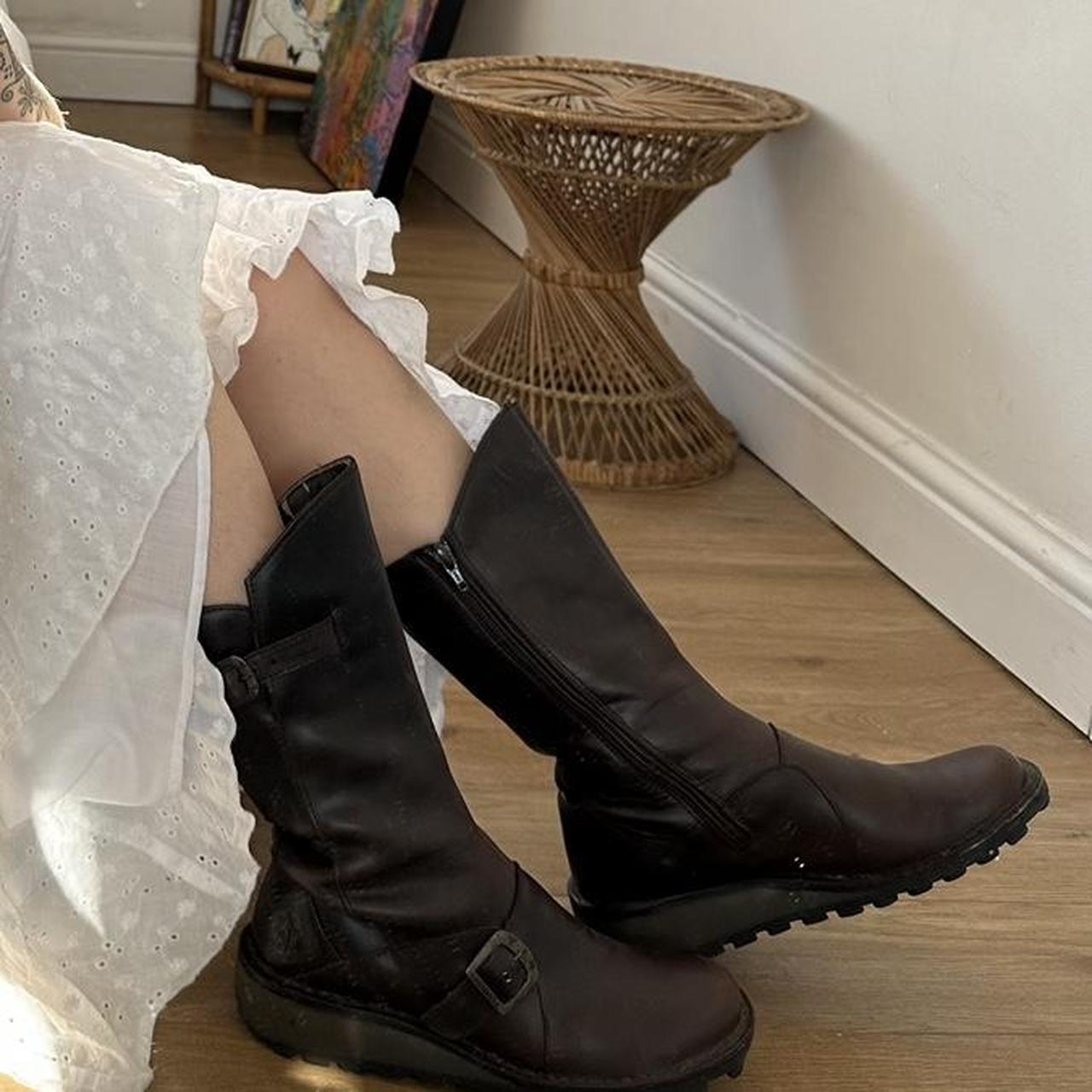 vintage 90s y2k fly london brown leather biker boots... - Depop