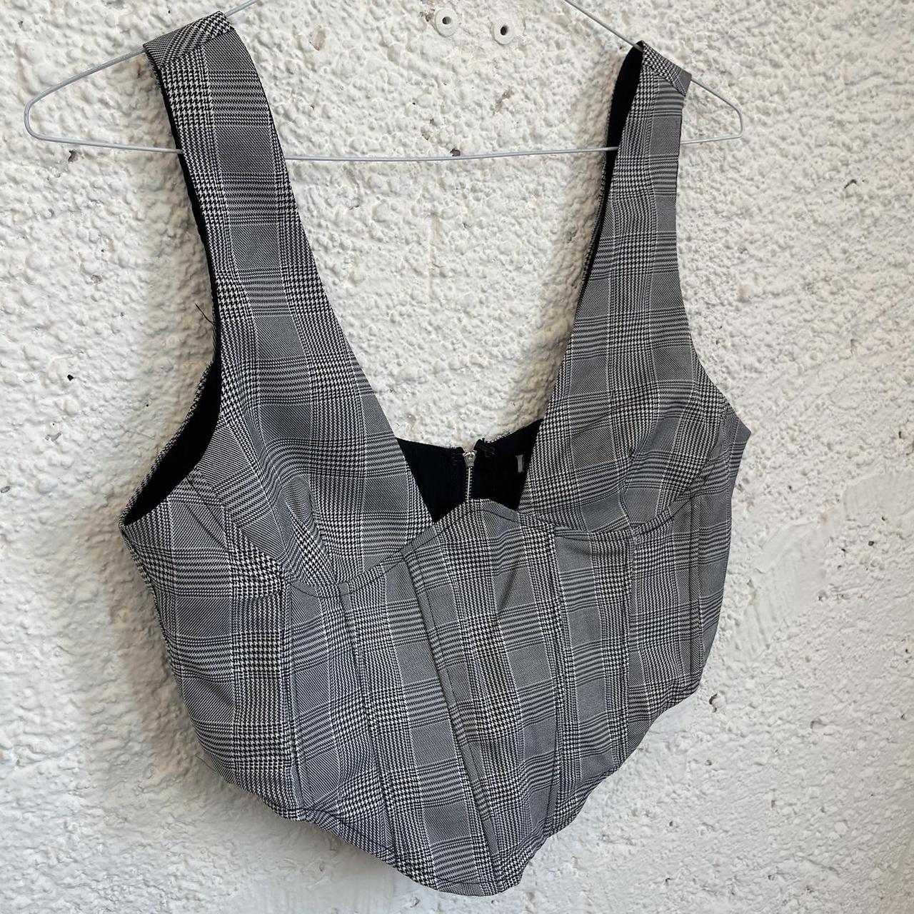 Gray plaid corset style top with zip up back... - Depop