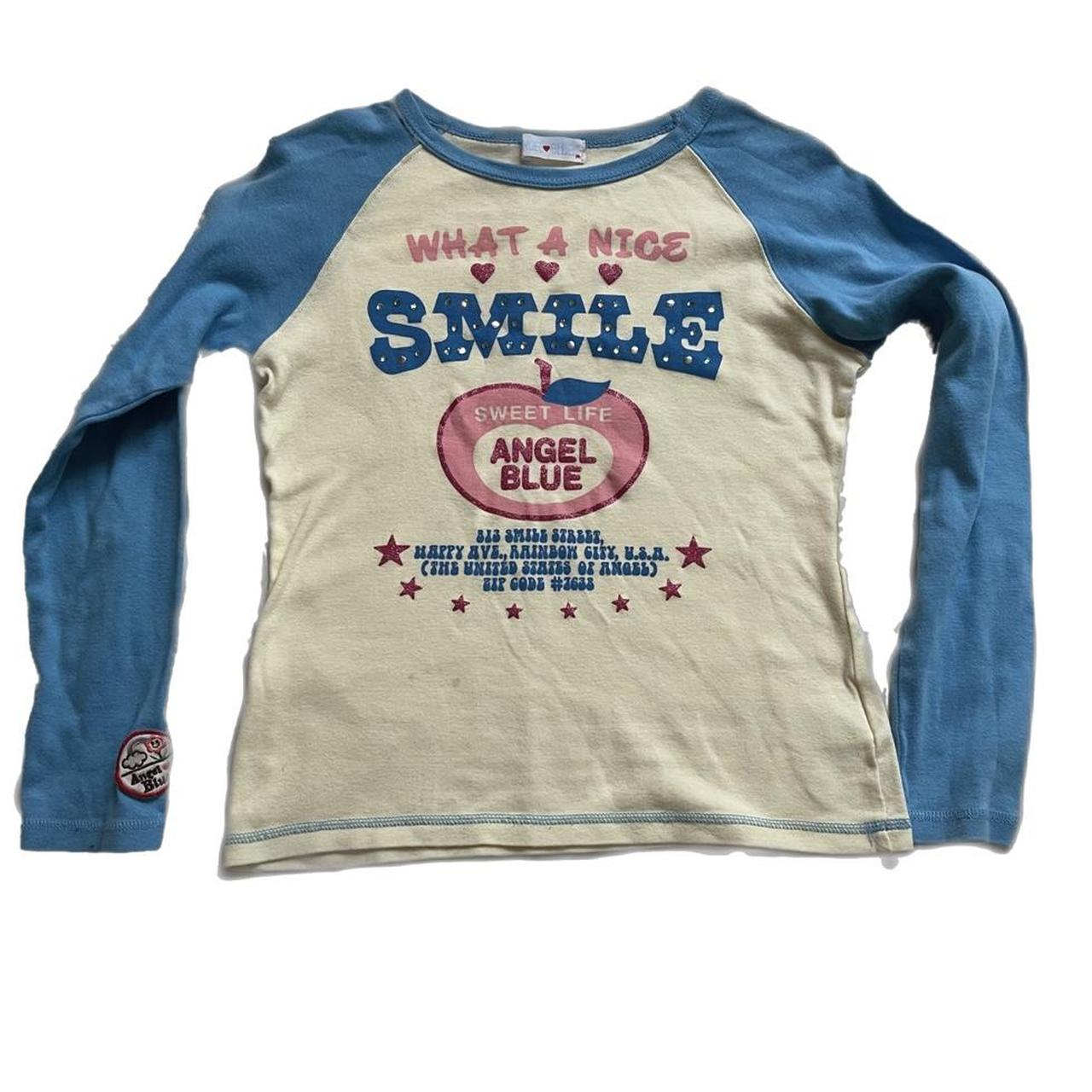 Angel Blue Women's Cream and Blue T-shirt | Depop