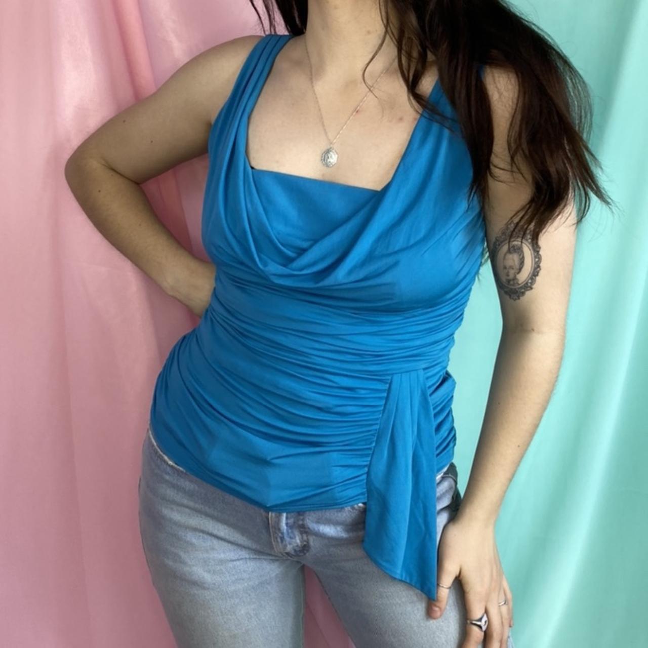 Y2K ruched turquoise blue top Ruched across the... - Depop