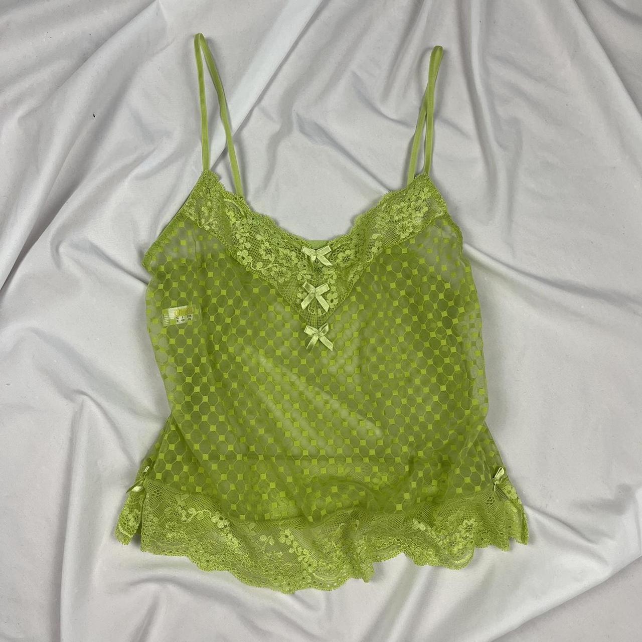 Y2k cami top, Sheer mesh cami top, Lime green polka... - Depop