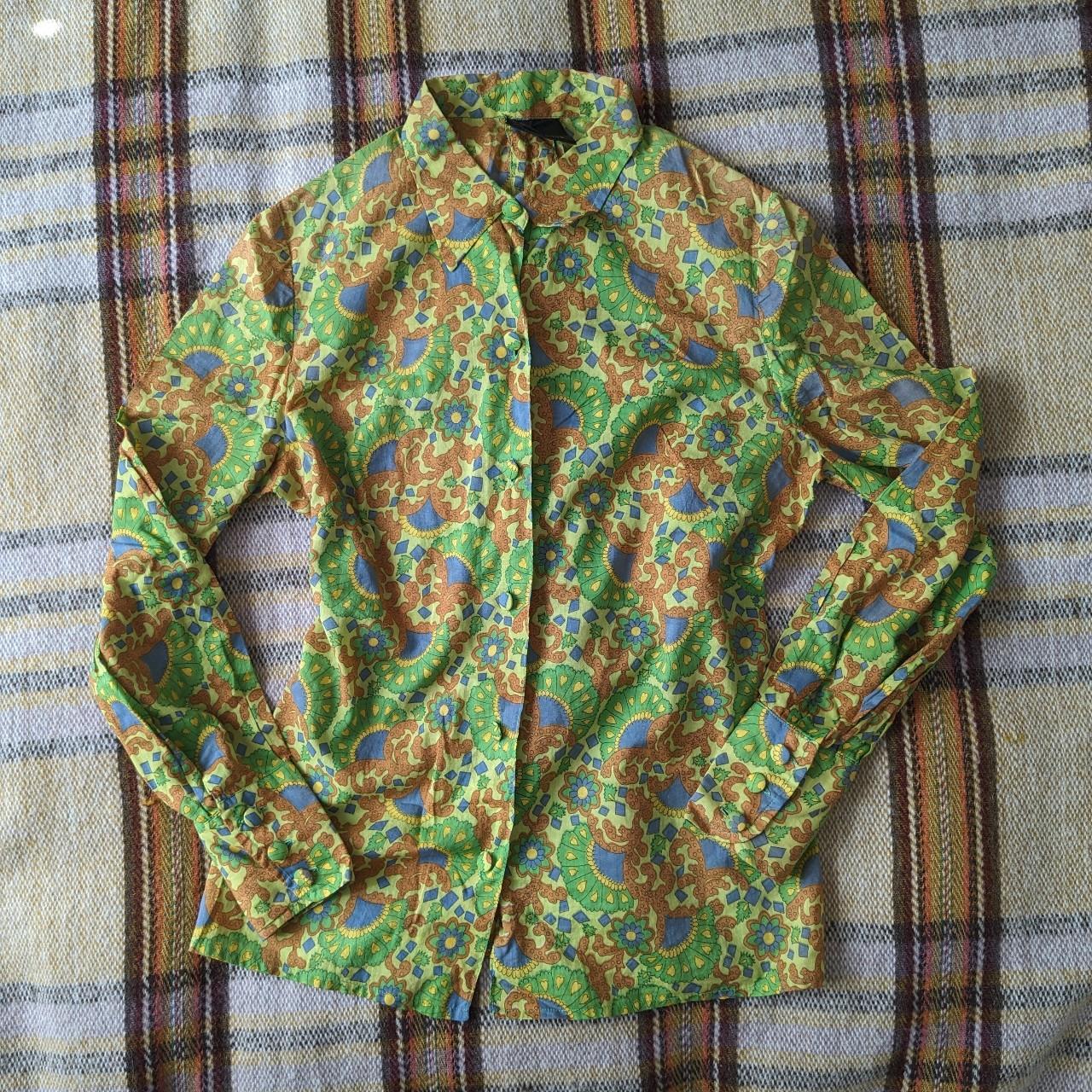 Funky vintage cotton shirt in bright, almost neon... - Depop