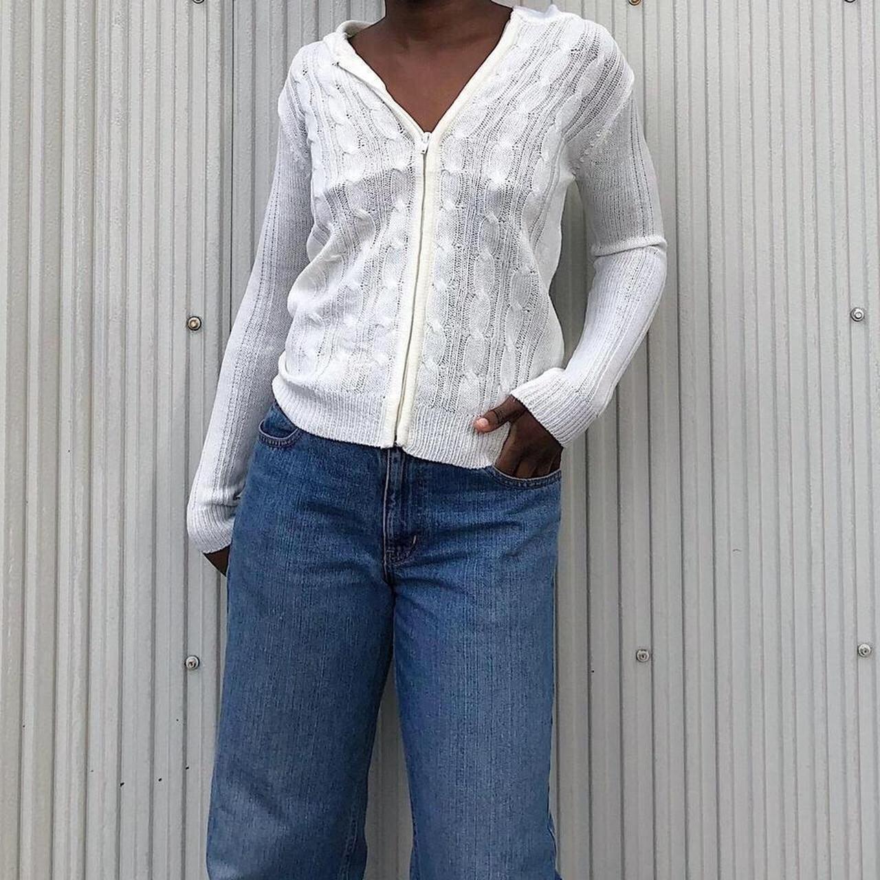 vintage white cable knit zip-up hoodie cute... - Depop