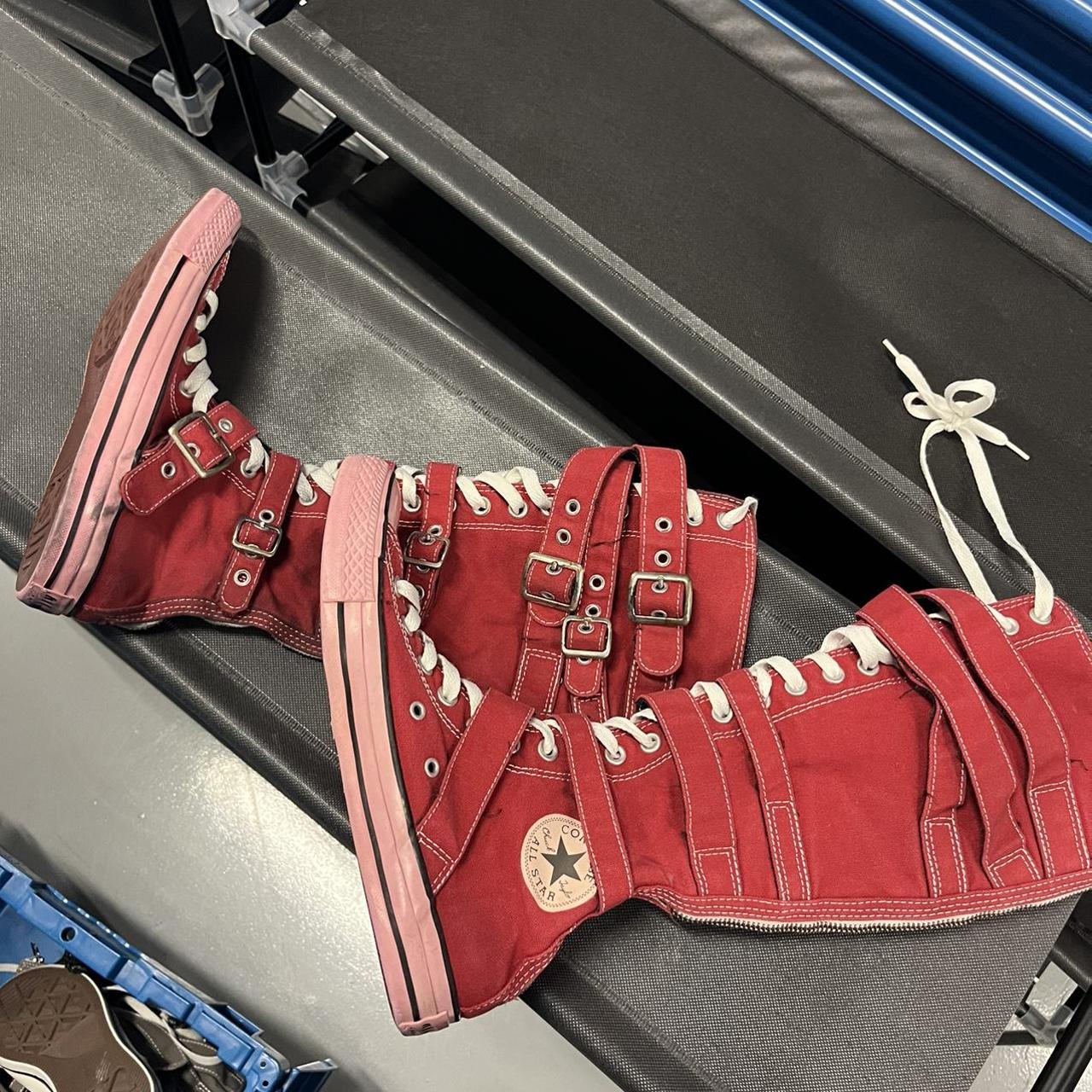 Red knee high buckle converse chuck taylors. Size M7... - Depop