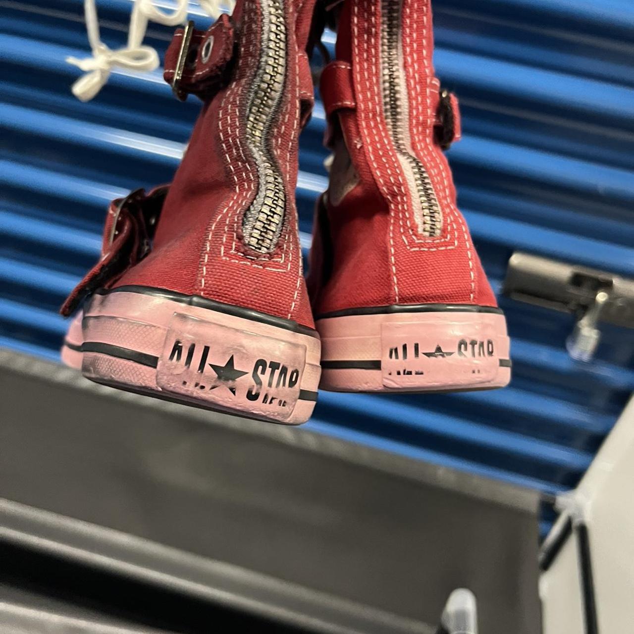 Red knee high buckle converse chuck taylors. Size M7... - Depop