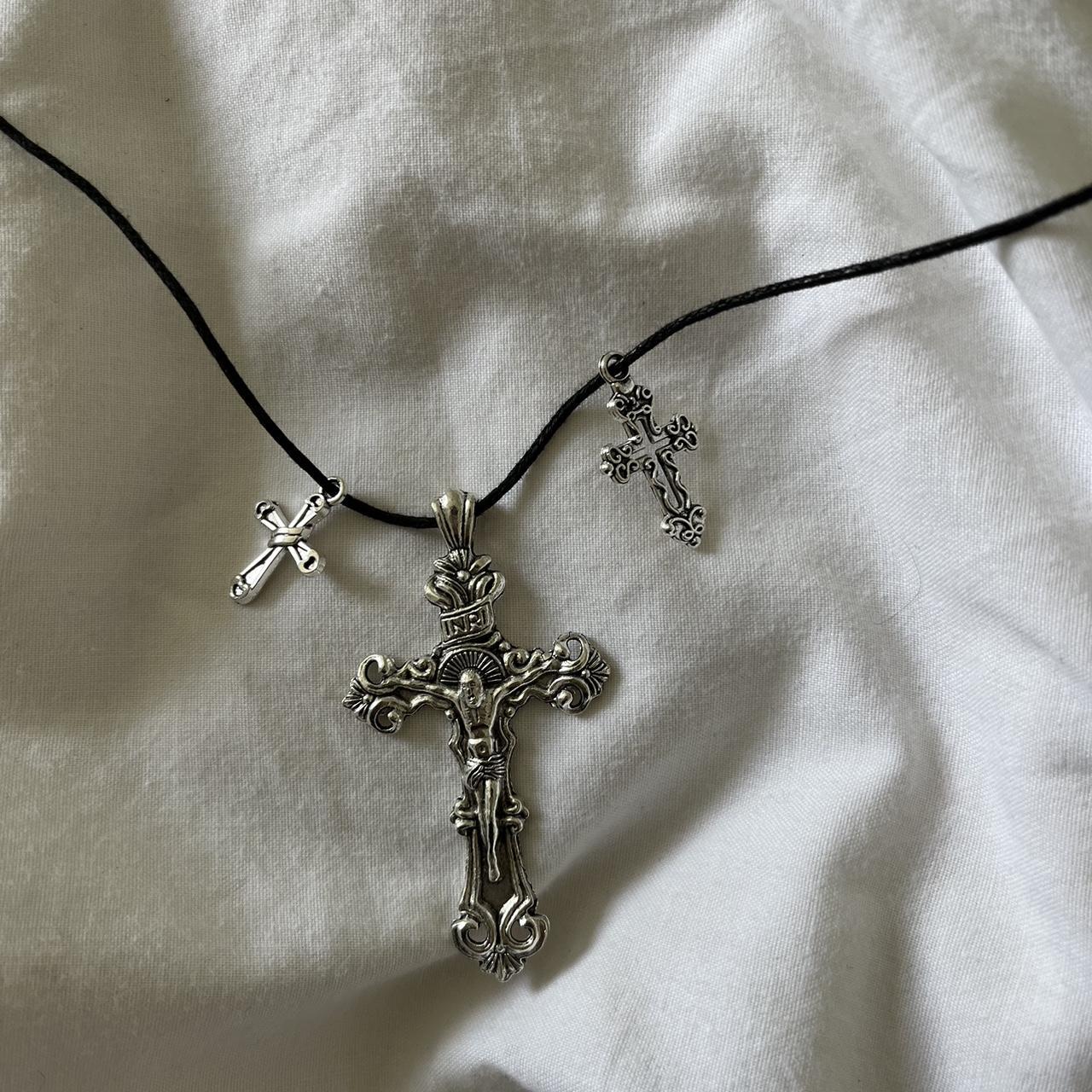 💥 VINTAGE TRIPLE CRUCIFIX/ CROSS PENDANTS ON BLACK... - Depop