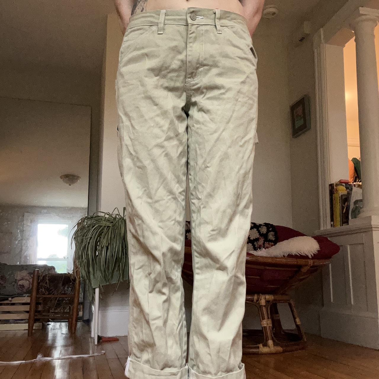 womens dickies work pants off white/yellow tint... - Depop