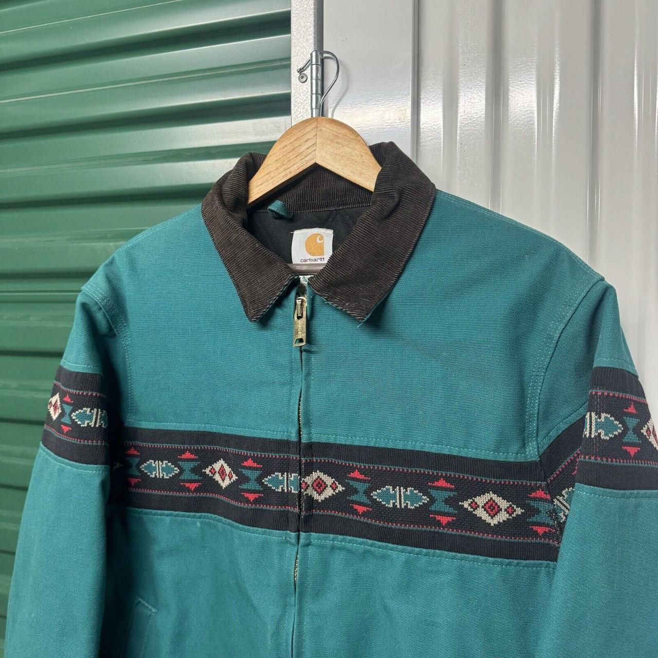 90s Carhartt J77AQU Teal Aztec Santa Fe Quilted... - Depop