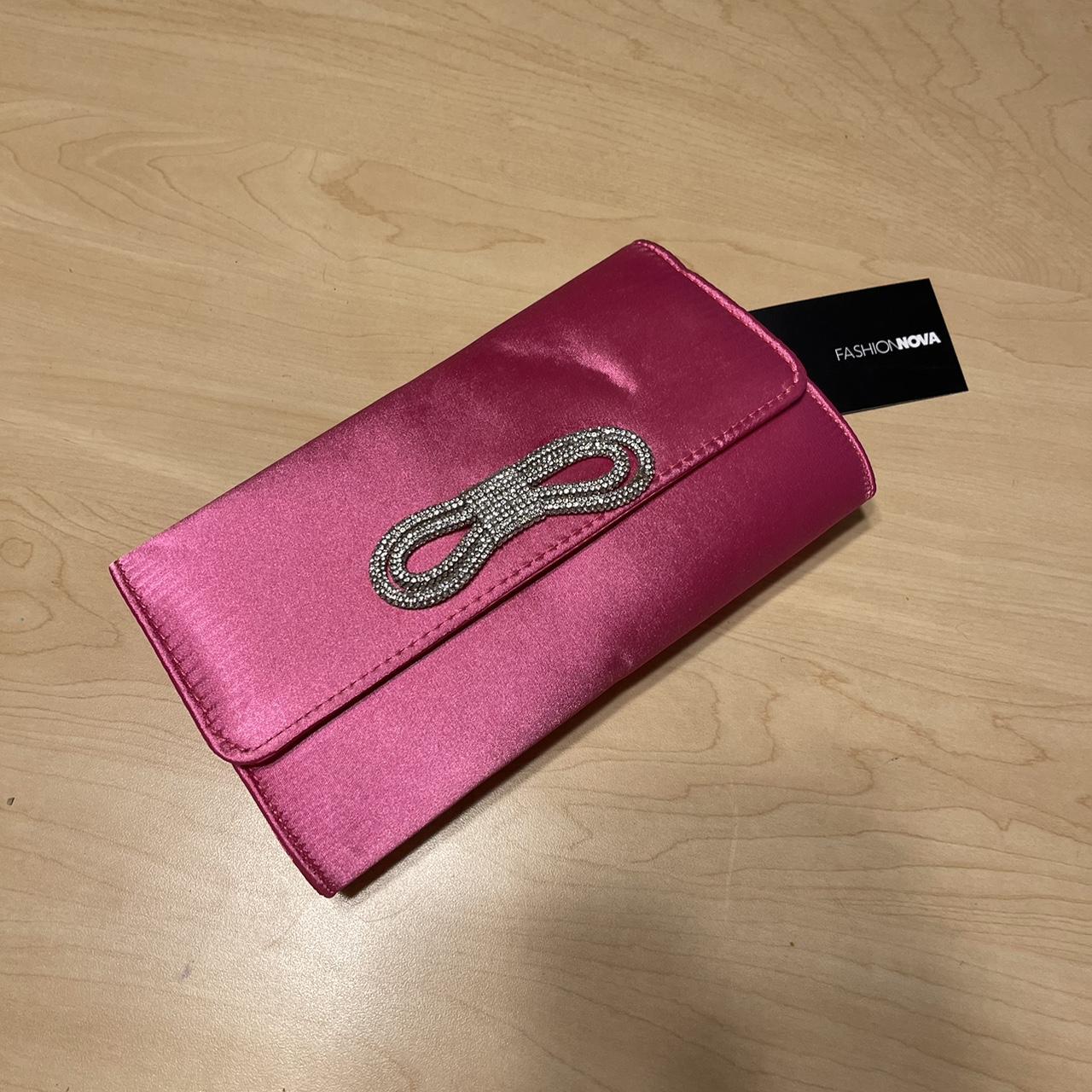 Pink satin rhinestone bow clutch - Depop