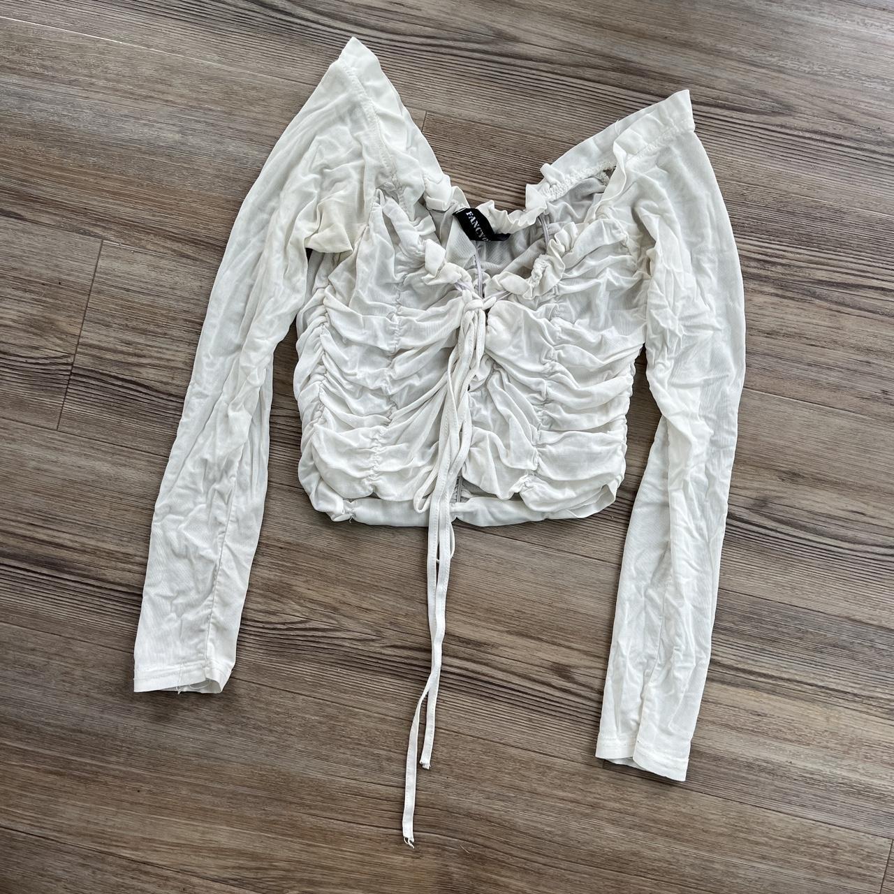 White mesh long sleeve milkmaid style top with tie... - Depop